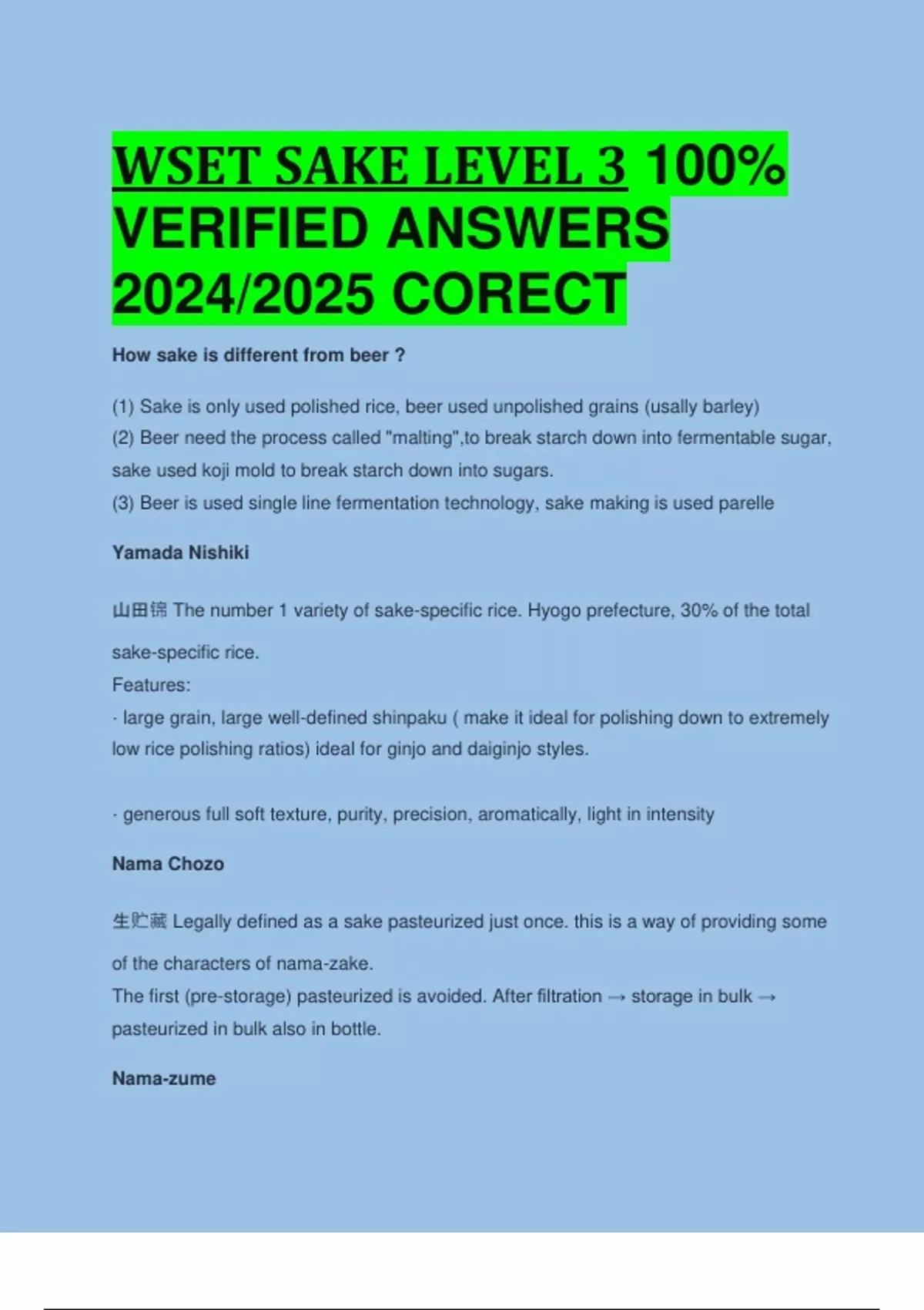 BEST REVIEW WSET SAKE LEVEL 3 100% VERIFIED ANSWERS 2024/2025 CORECT ...