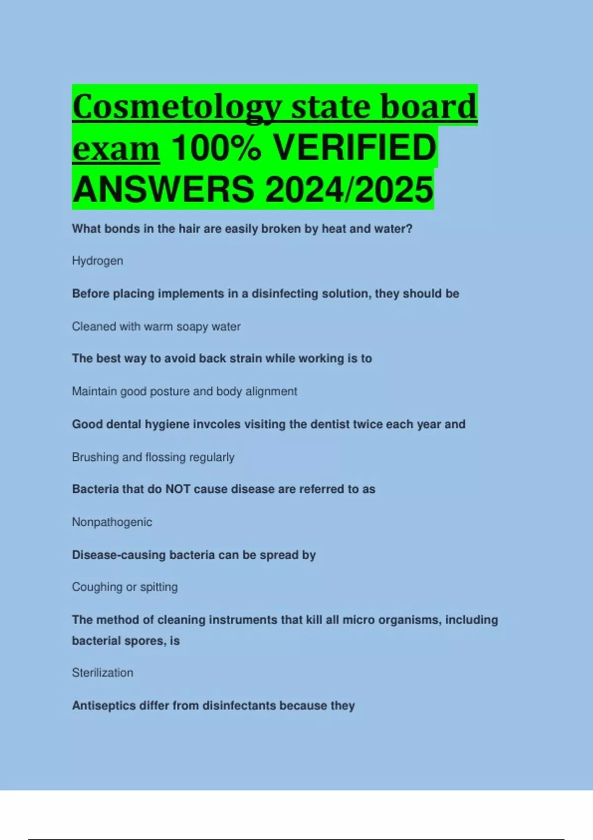 BEST REVIEW Cosmetology state board exam 100% VERIFIED ANSWERS 2024/ ...