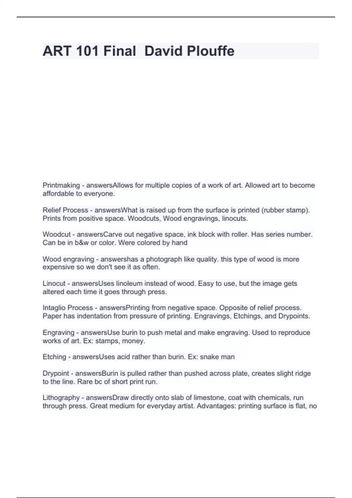 ART 101 Final - David Plouffe questions with solutions - Art 101 - Stuvia US