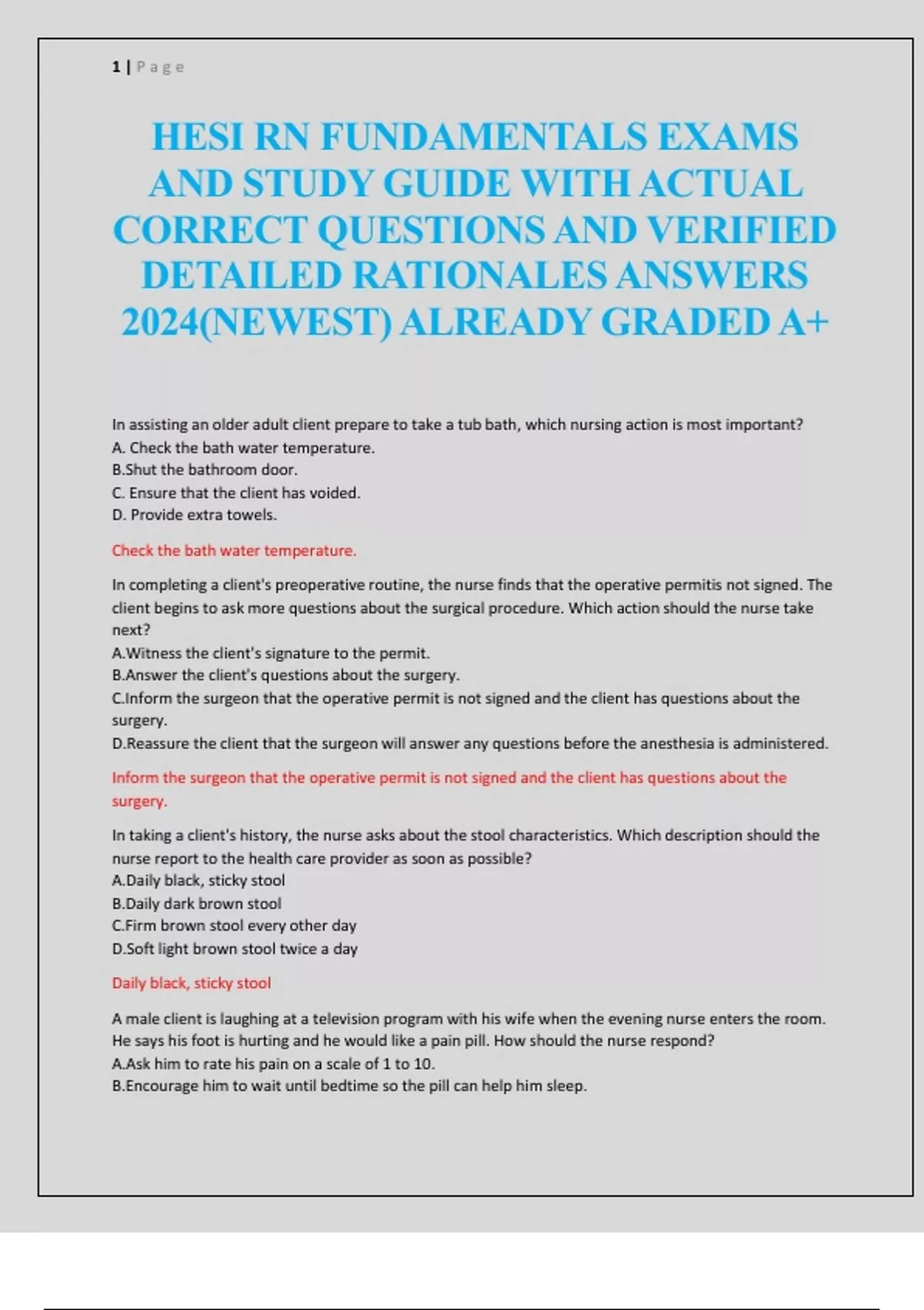 HESI RN FUNDAMENTALS EXAMS AND STUDY GUIDE WITH ACTUAL CORRECT QUESTIONS AND VERIFIED DETAILED ...