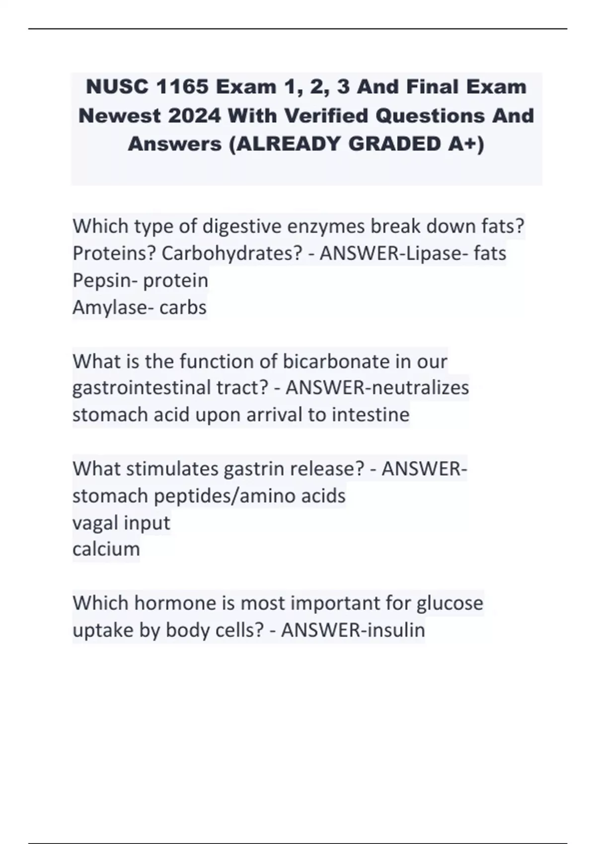 NUSC 1165 Exam 1, 2, 3 And Final Exam Newest 2024 With Verified ...