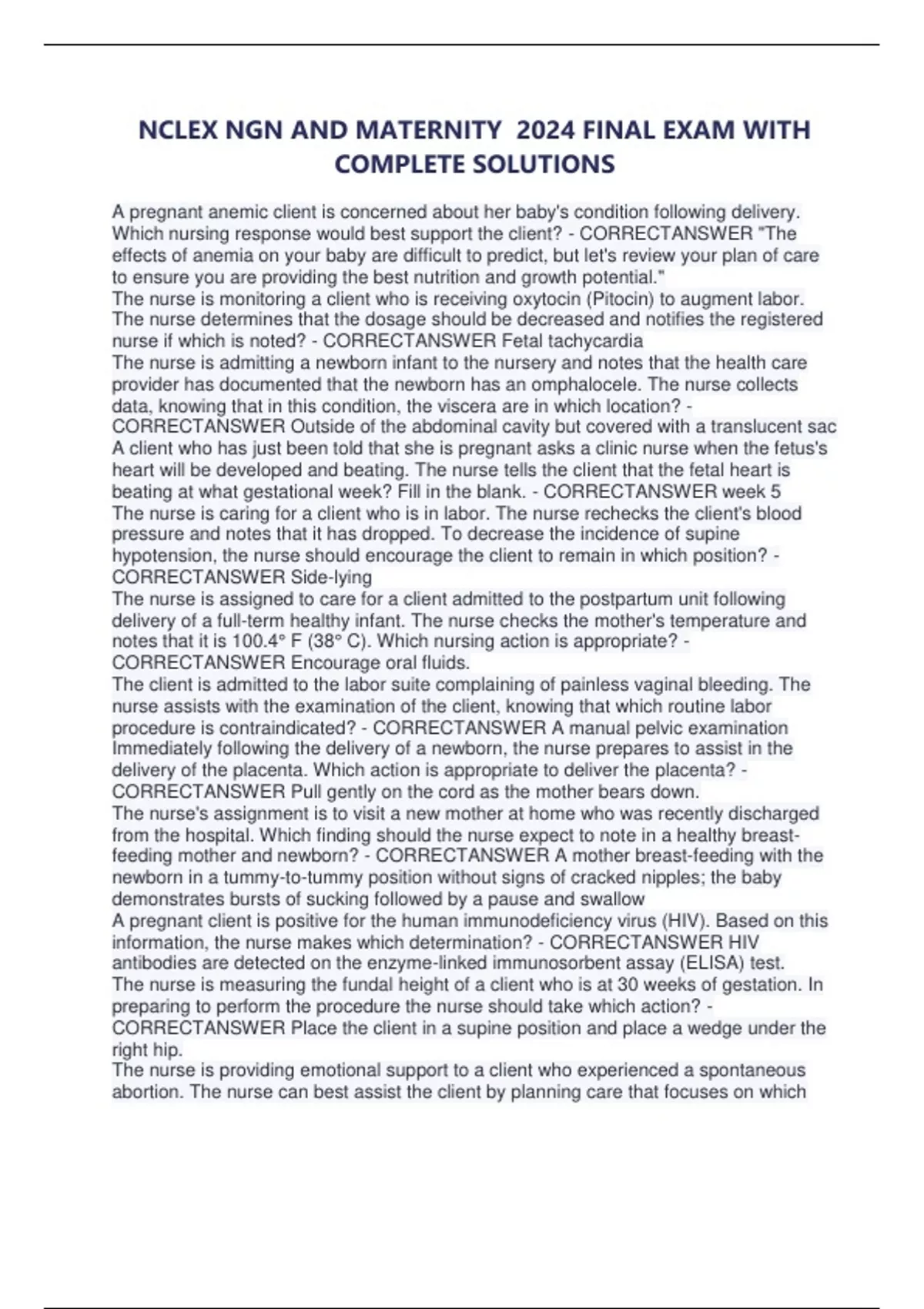 NCLEX NGN AND MATERNITY 2024 FINAL EXAM WITH COMPLETE SOLUTIONS - LPN - Licensed Practical Nurse ...