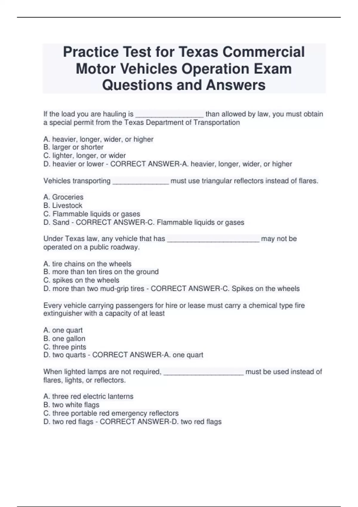 Practice Test for Texas Commercial Motor Vehicles Operation Exam ...