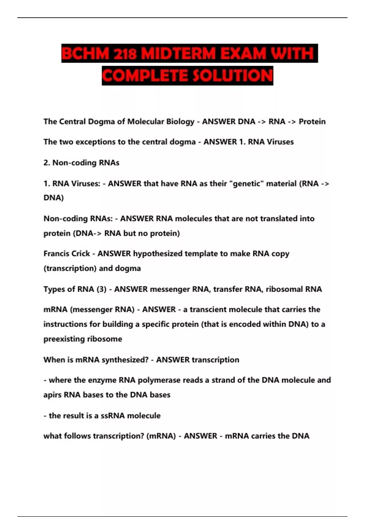 BCHM 218 MIDTERM EXAM WITH COMPLETE SOLUTION - BCHM 218 - Stuvia US