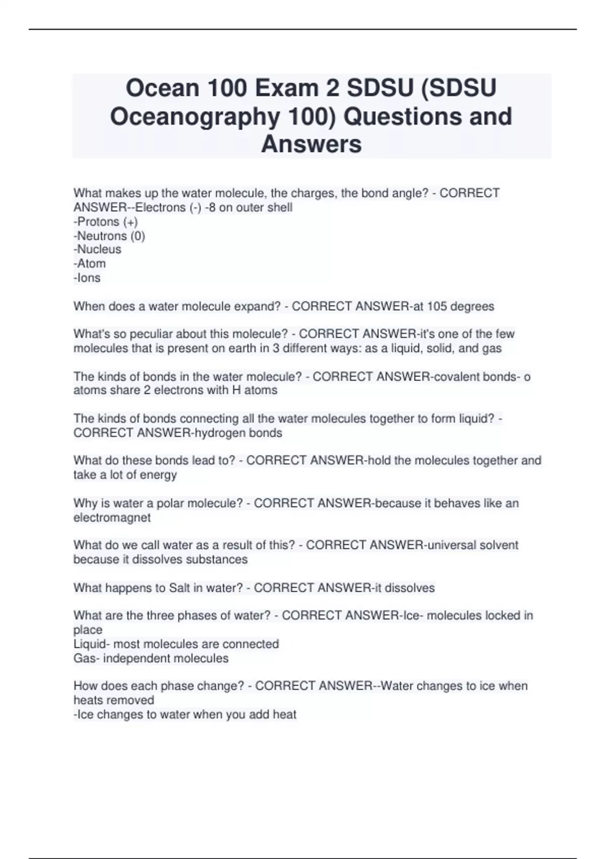Ocean 100 Exam 2 SDSU (SDSU Oceanography 100) Questions and Answers - SDSU Oceanography - Stuvia US