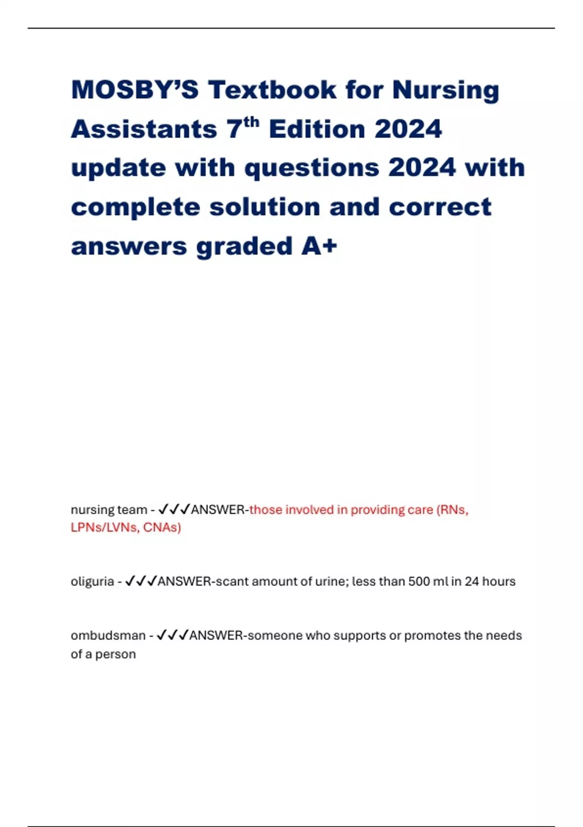 MOSBY’S Textbook for Nursing Assistants 7th Edition 2024 update with ...