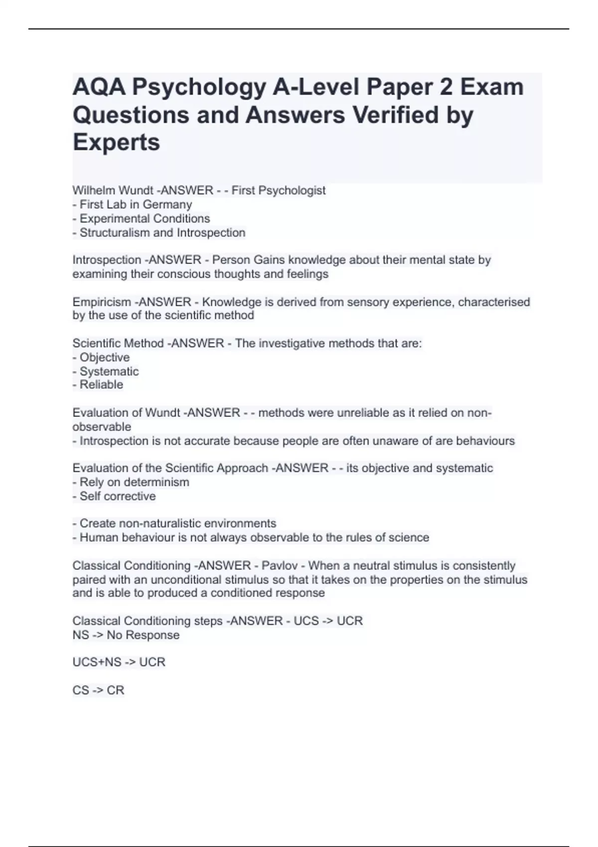 AQA Psychology A-Level Paper 2 Exam Questions and Answers Verified by ...