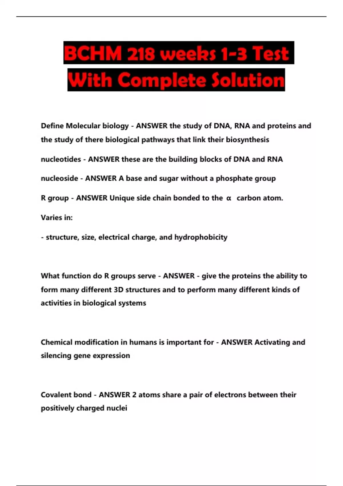 BCHM 218 weeks 1-3 Test With Complete Solution - BCHM 218 - Stuvia US