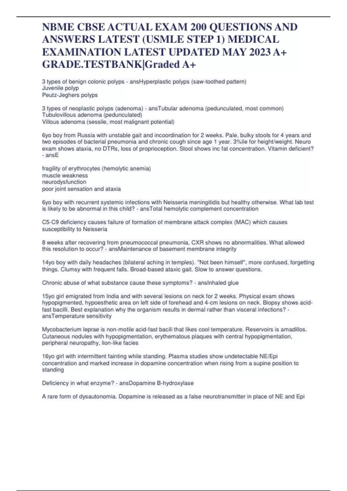 NBME CBSE ACTUAL EXAM 200 QUESTIONS AND ANSWERS LATEST (USMLE STEP 1 ...
