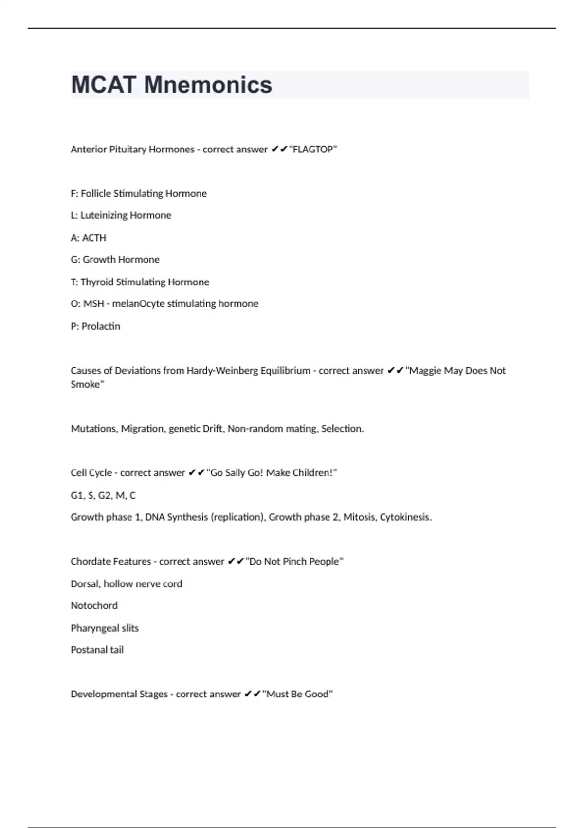 MCAT Mnemonics questions with correct answers - MCAT - Stuvia US