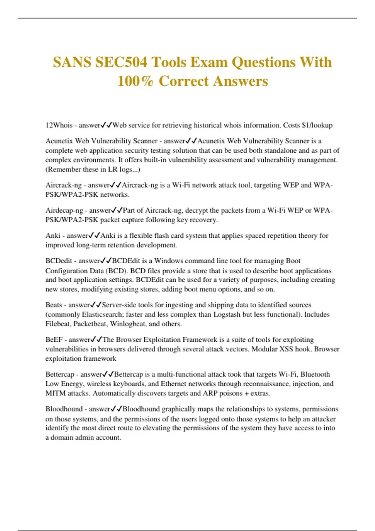 SANS SEC504 Tools Exam Questions With 100% Correct Answers - SANS SEC504 Tools - Stuvia US