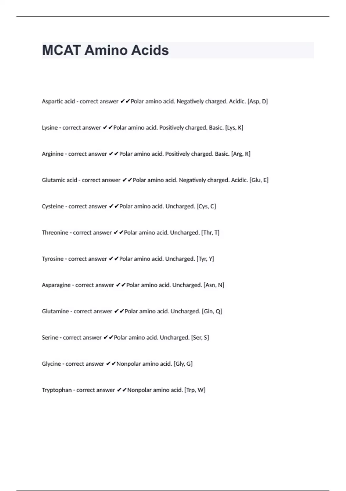 MCAT Amino Acids questions with answers - MCAT - Stuvia US