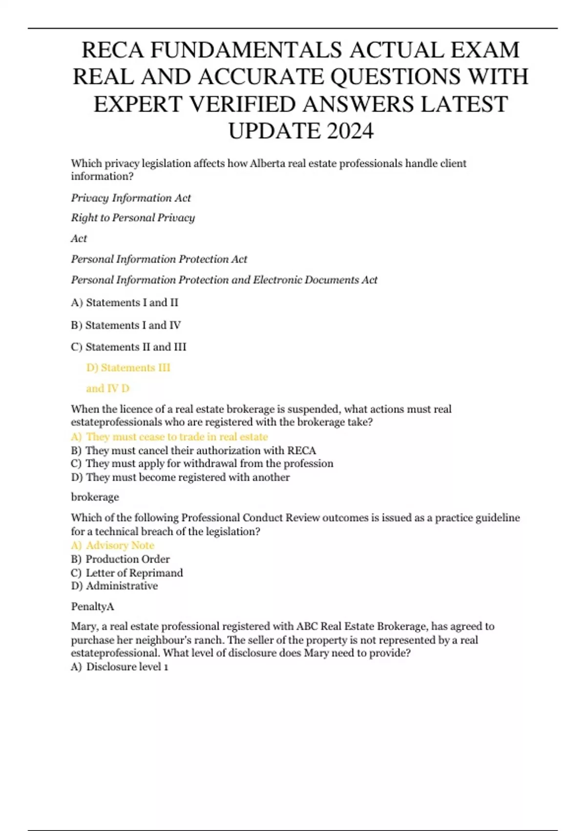 RECA FUNDAMENTALS ACTUAL EXAM REAL AND ACCURATE QUESTIONS WITH EXPERT ...