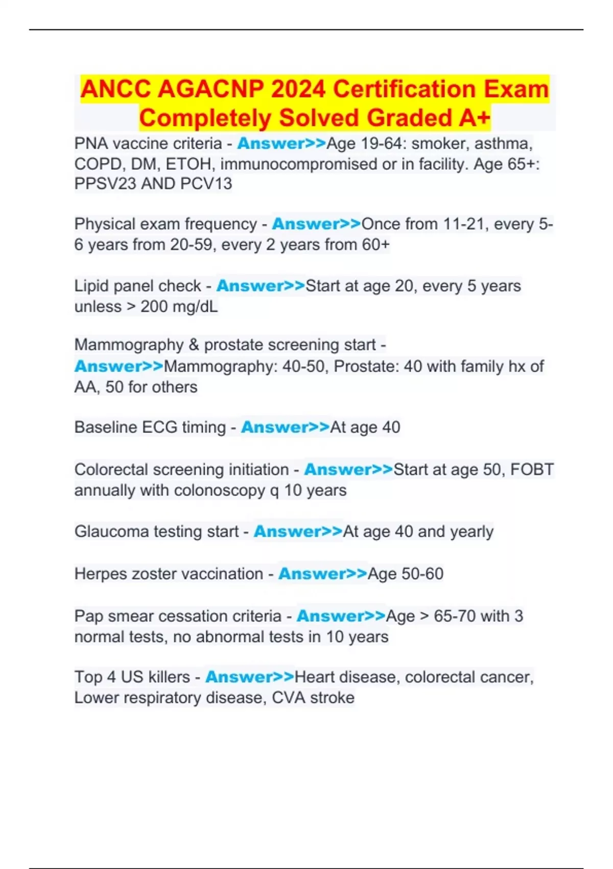 ANCC AGACNP 2024 Certification Exam Completely Solved Graded A+ - ANCC AGACNP-BC - Stuvia US