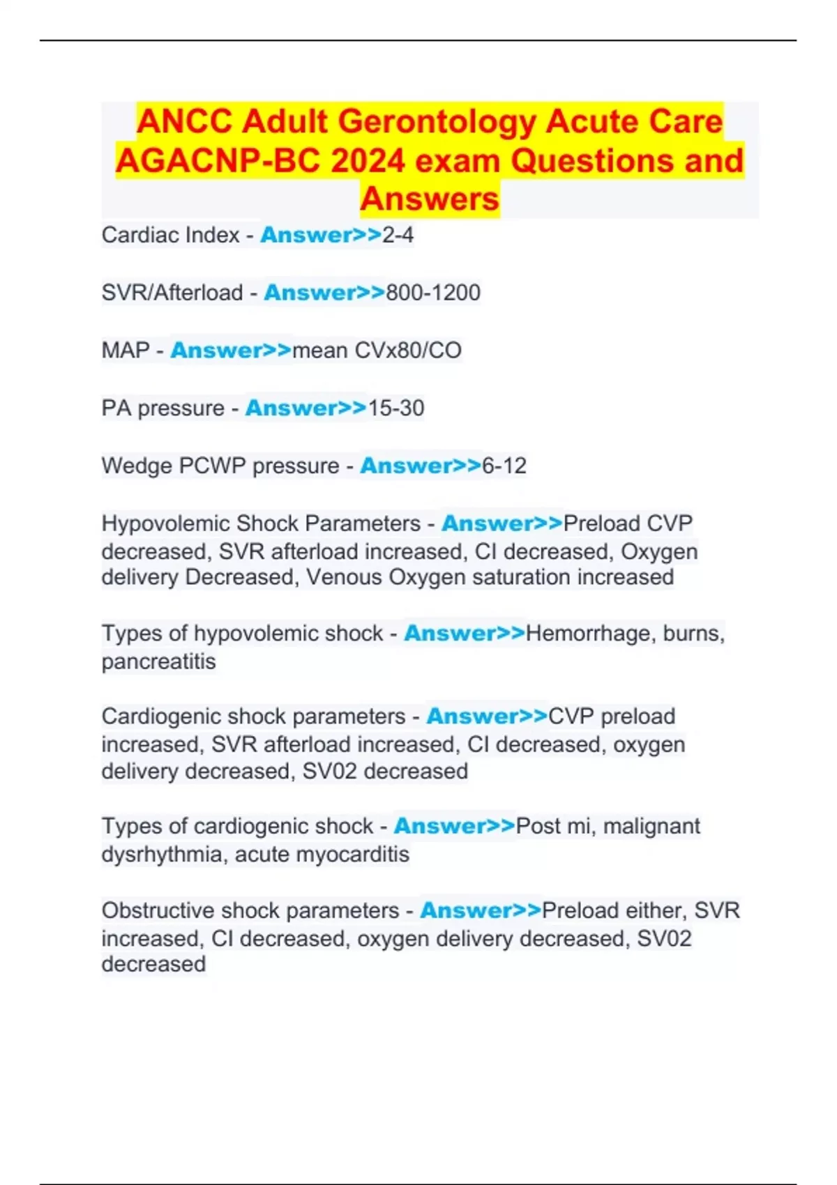 ANCC Adult Gerontology Acute Care AGACNP-BC 2024 exam Questions and ...