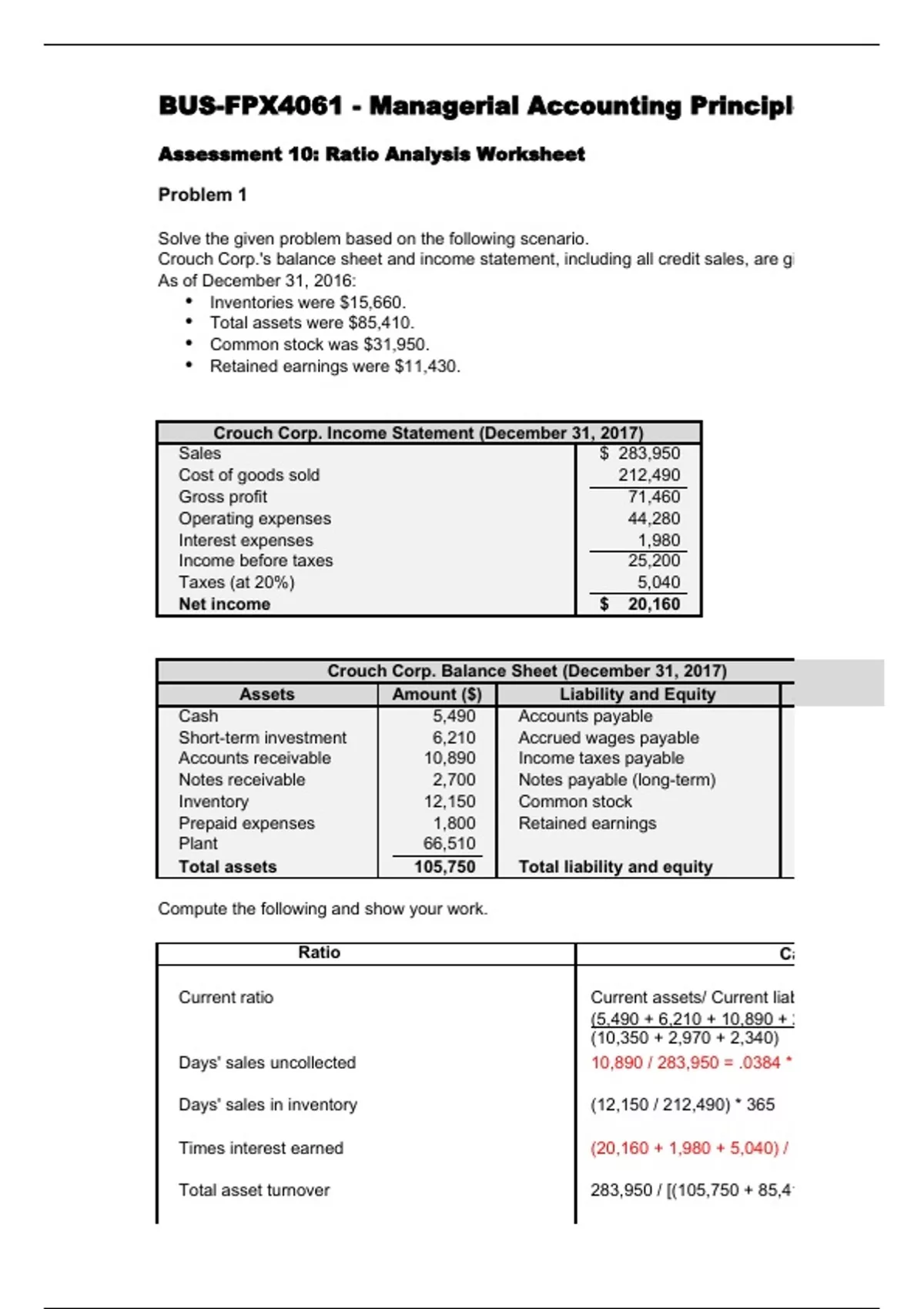 BUS-FPX4061 Assessment 10: Ratio Analysis Worksheet 2024 with complete ...