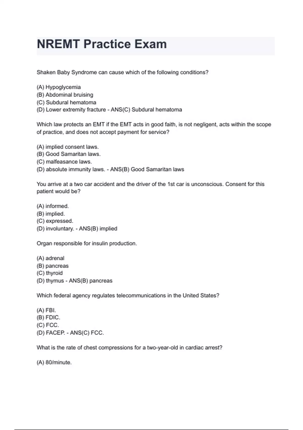 NREMT Practice Exam questions and answers graded A+ by experts 2024/ ...