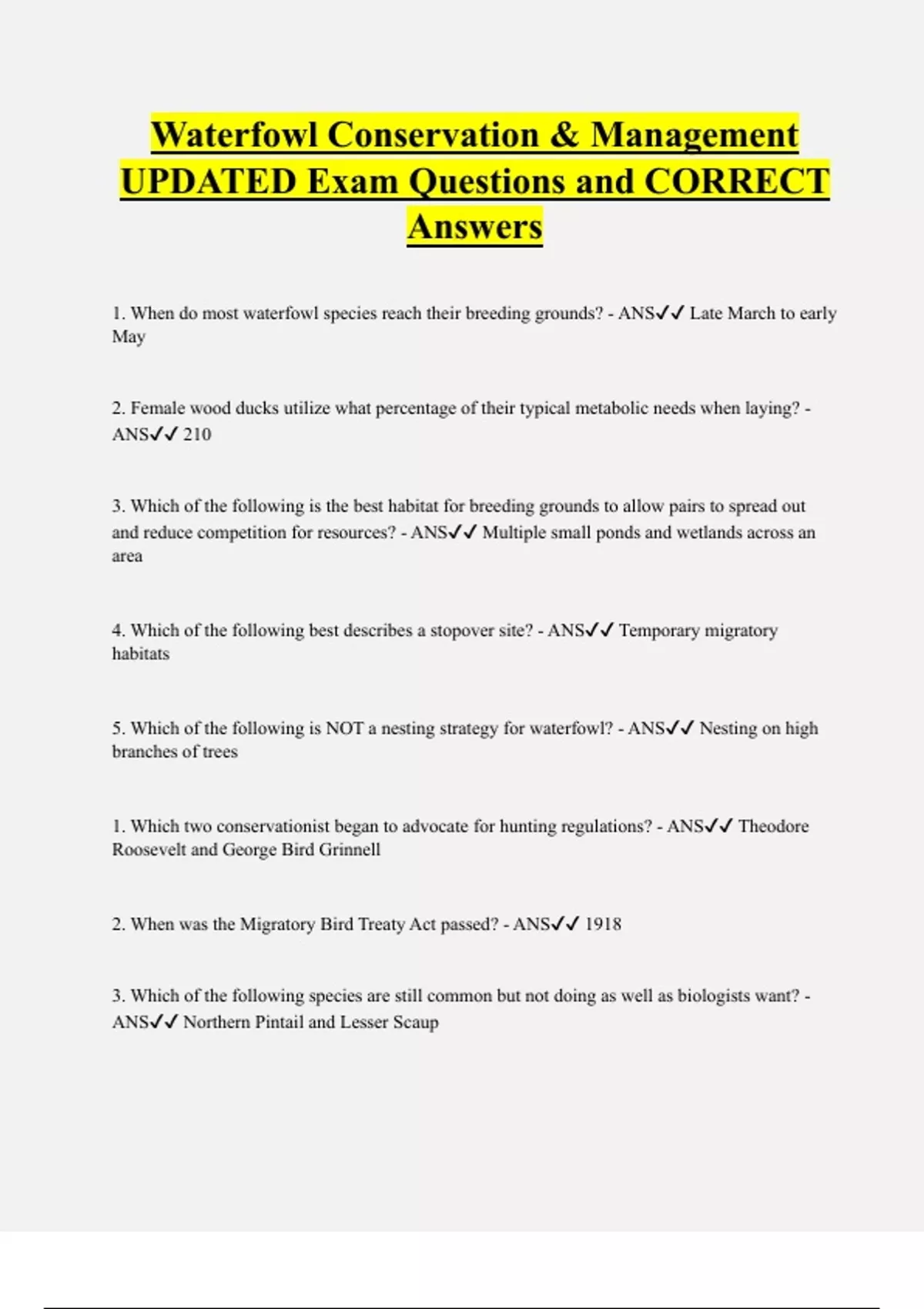 Waterfowl Conservation & Management UPDATED Exam Questions and CORRECT ...