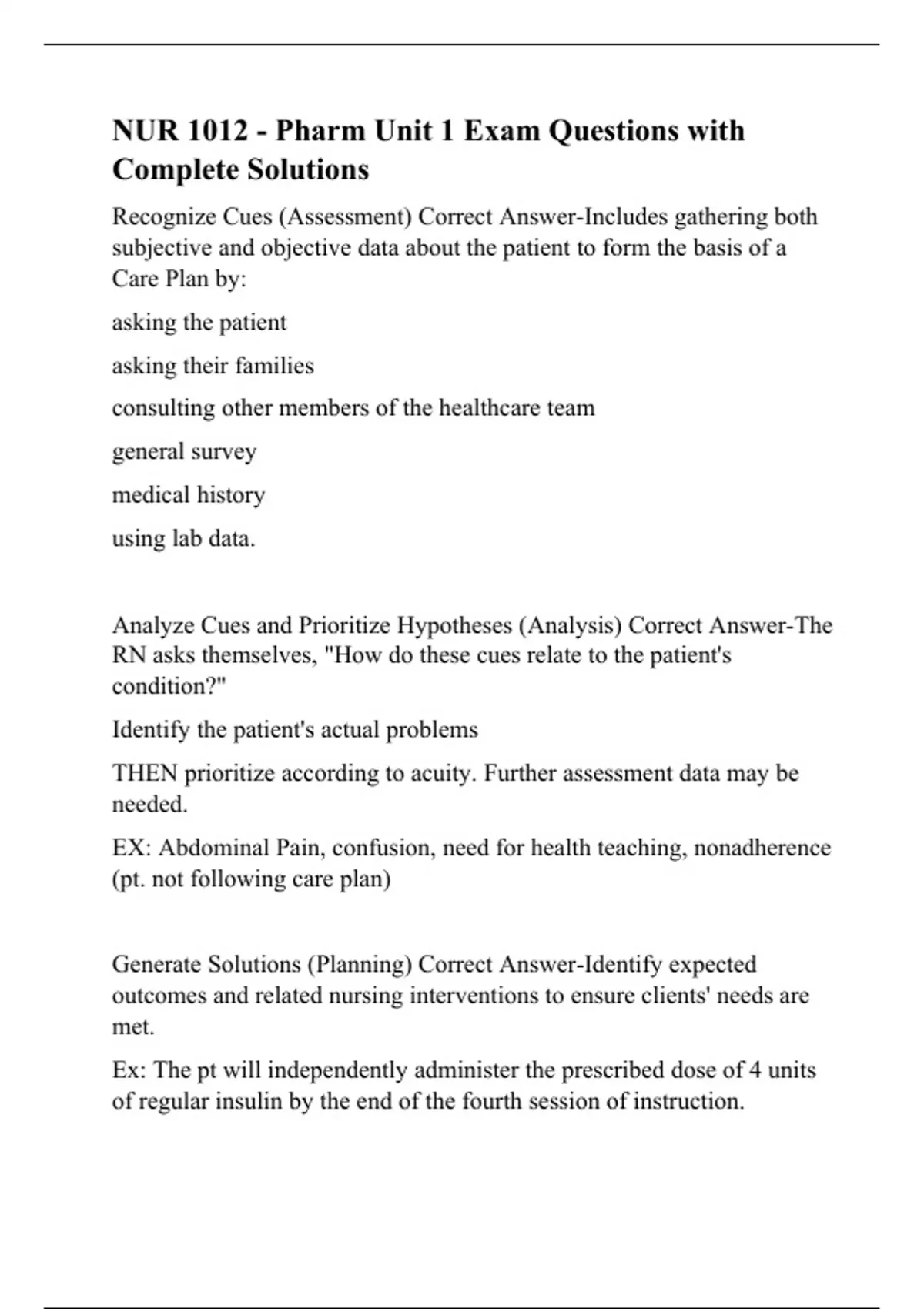 NUR 1012 - Pharm Unit 1 Exam Questions with Complete Solutions - NUR ...