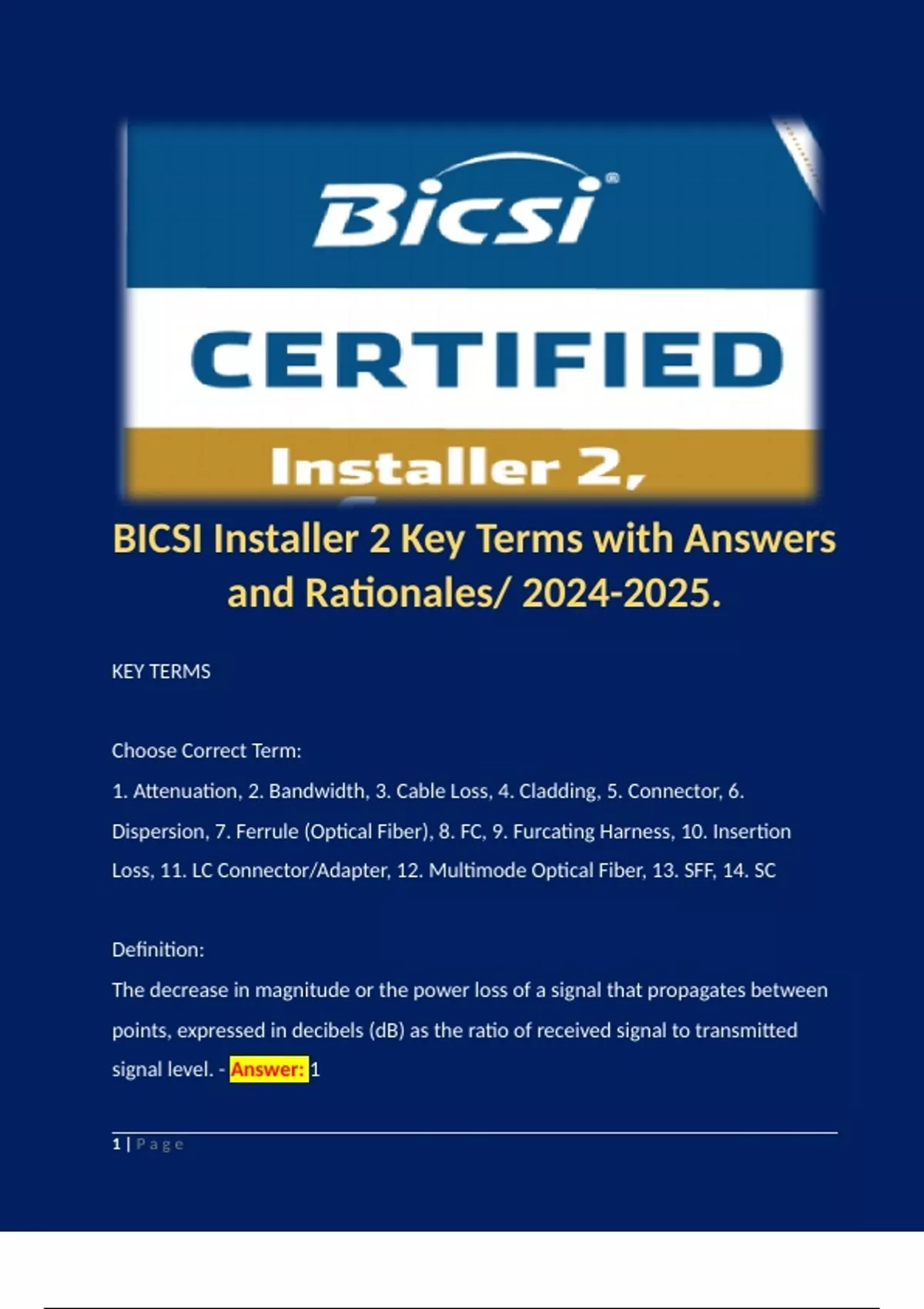 BICSI Installer 2 Key Terms with Answers and Rationales/ . - BICSI ...