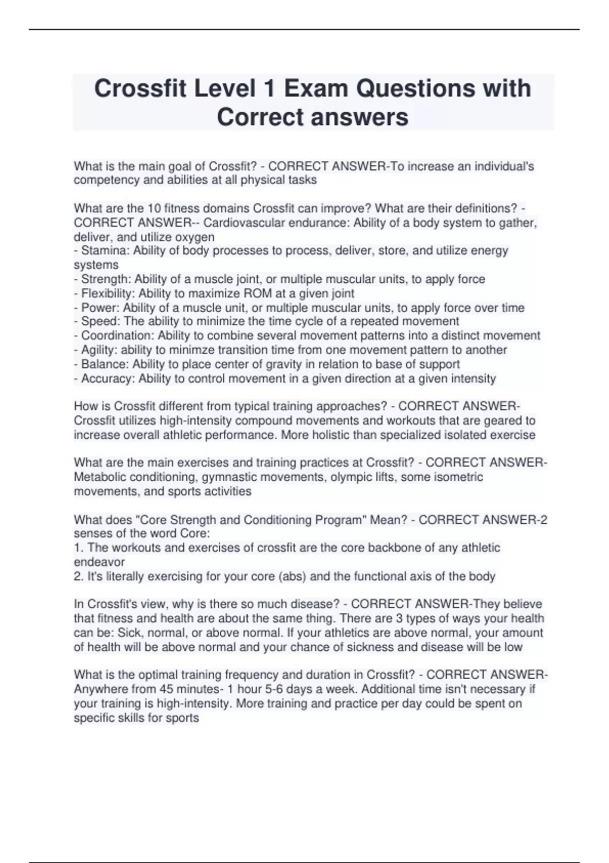 Crossfit Level 1 Exam Questions with Correct answers - Crossfit Level 1 ...