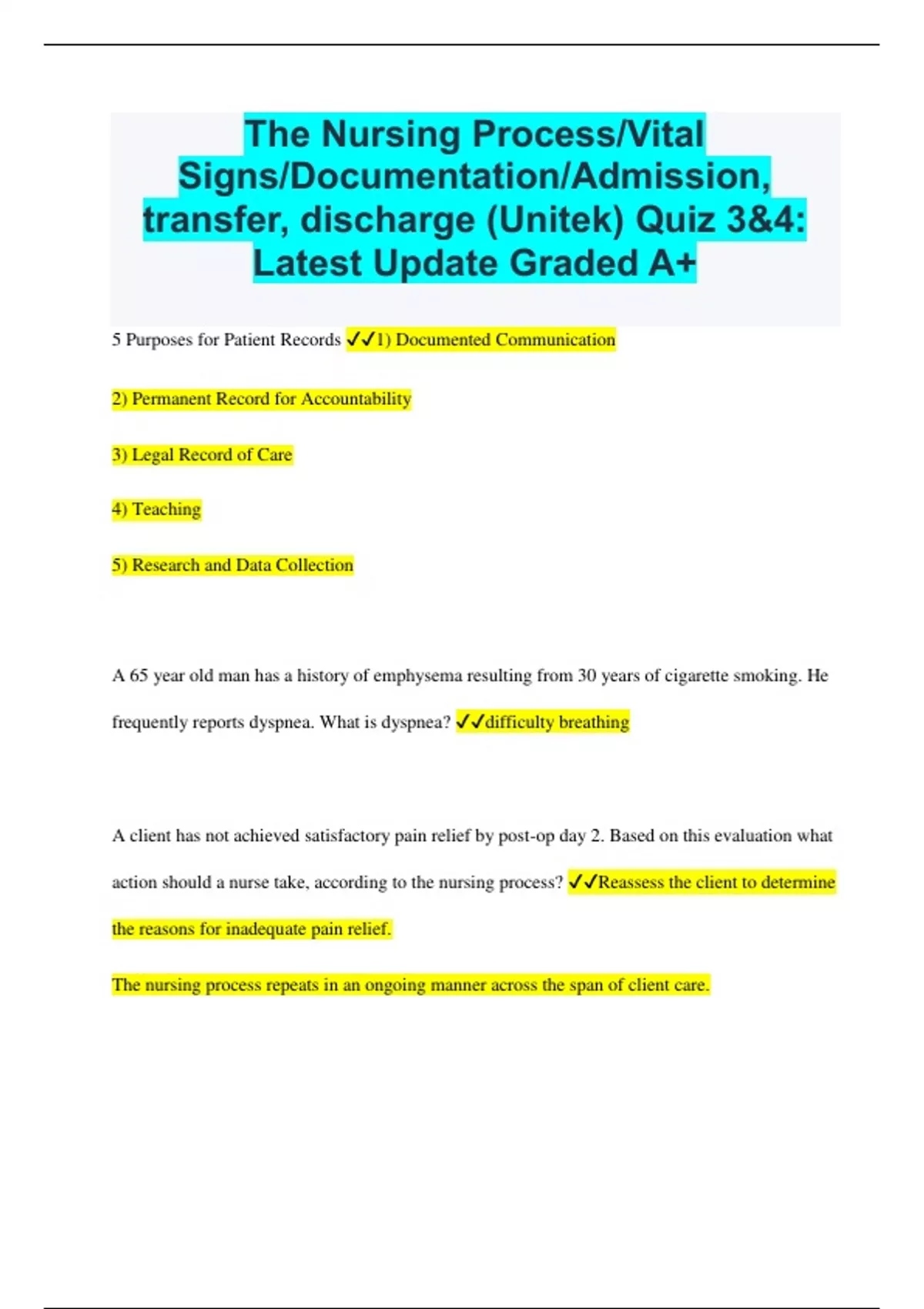 The Nursing Process/Vital Signs/Documentation/Admission, transfer ...