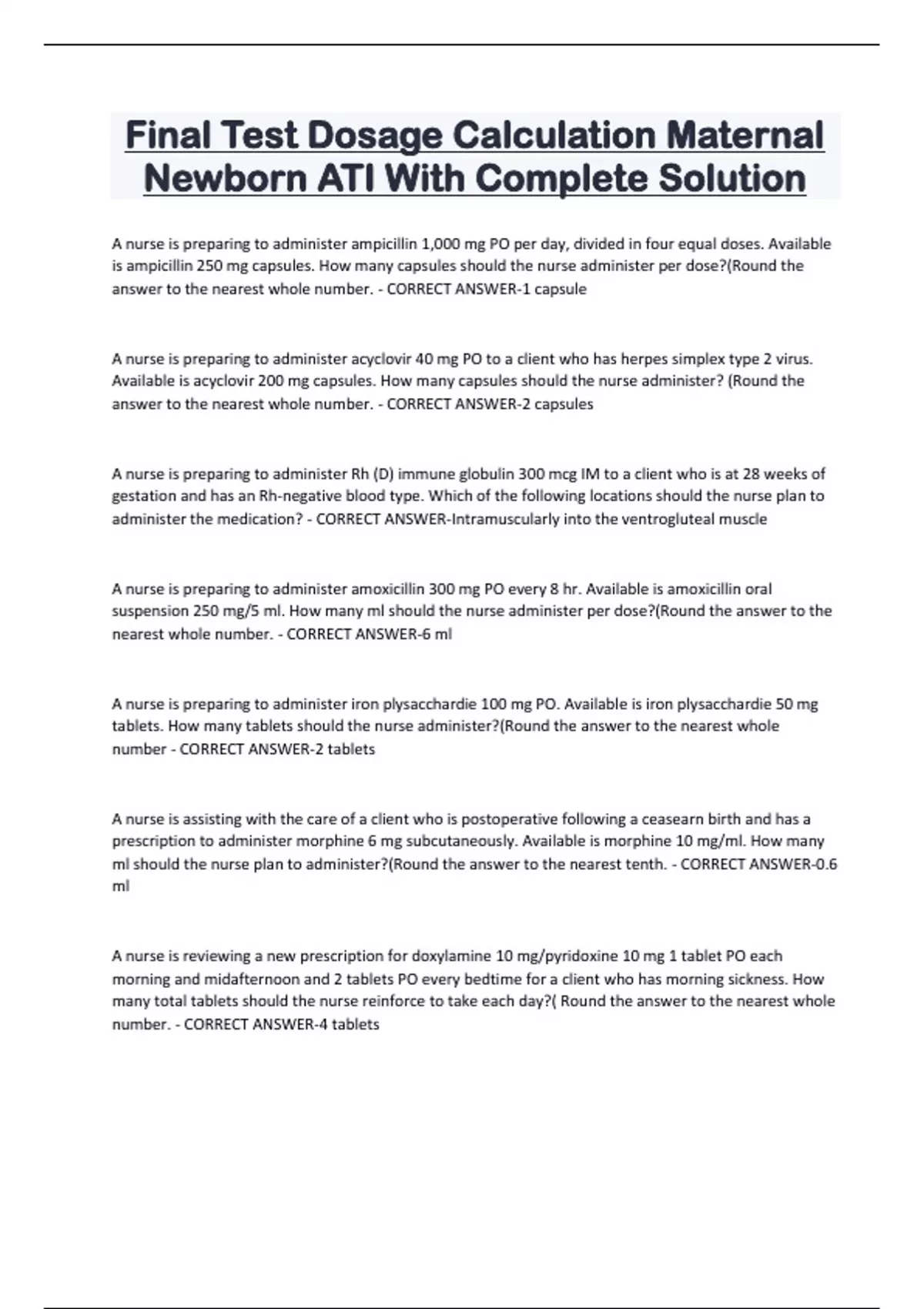 Final Test Dosage Calculation Maternal Newborn ATI With Complete ...