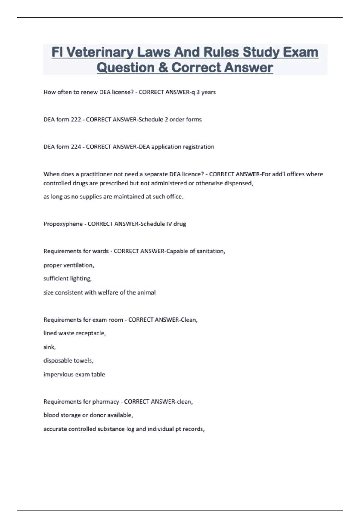 Fl Veterinary Laws And Rules Study Exam Question & Correct Answer ...