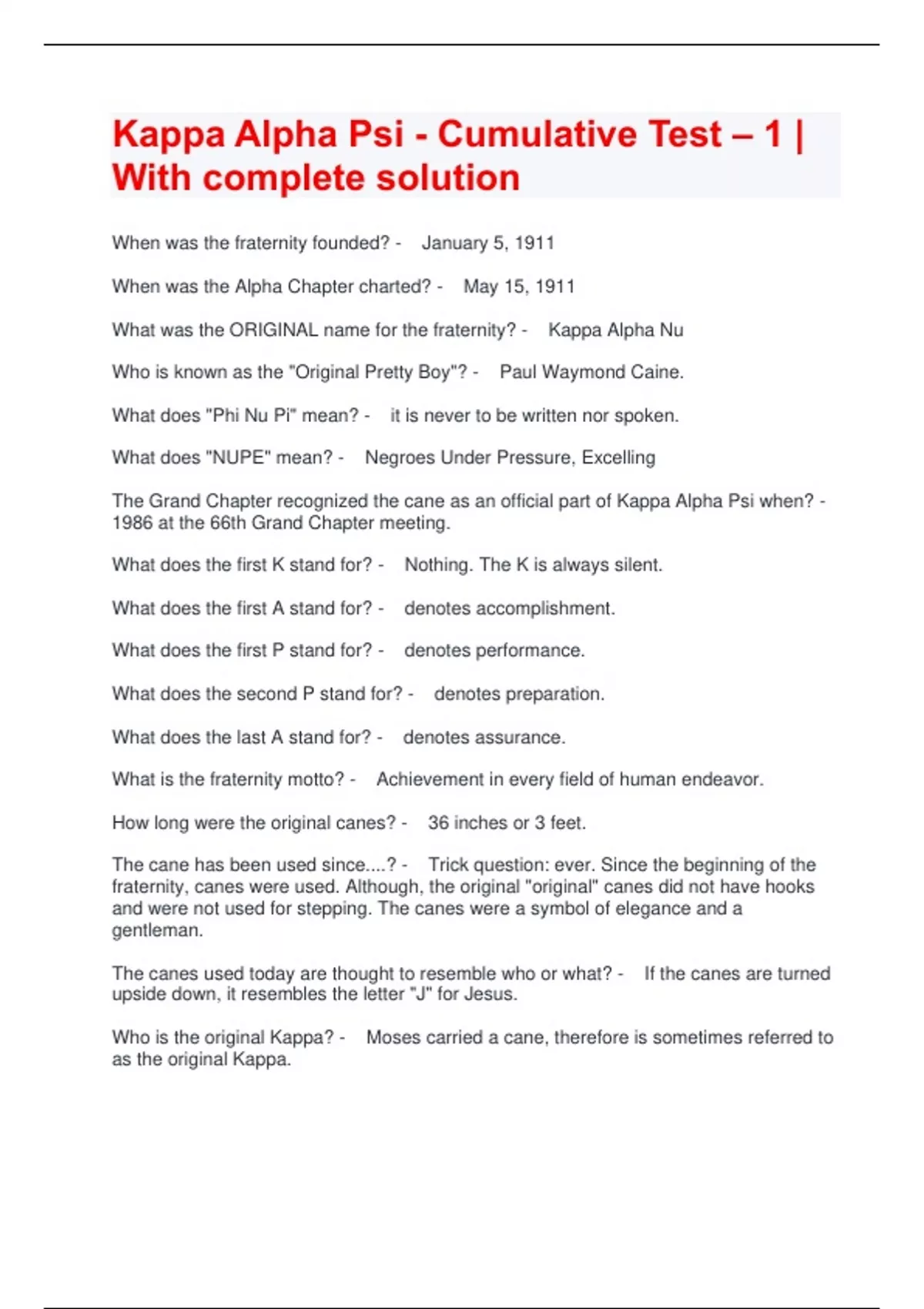 Kappa Alpha Psi - Cumulative Test – 1 | With complete solution - Kappa ...