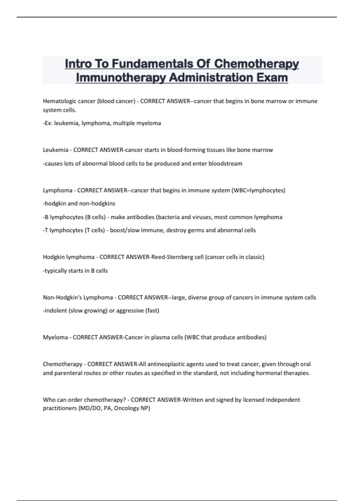 Intro To Fundamentals Of Chemotherapy Immunotherapy Administration Exam ...
