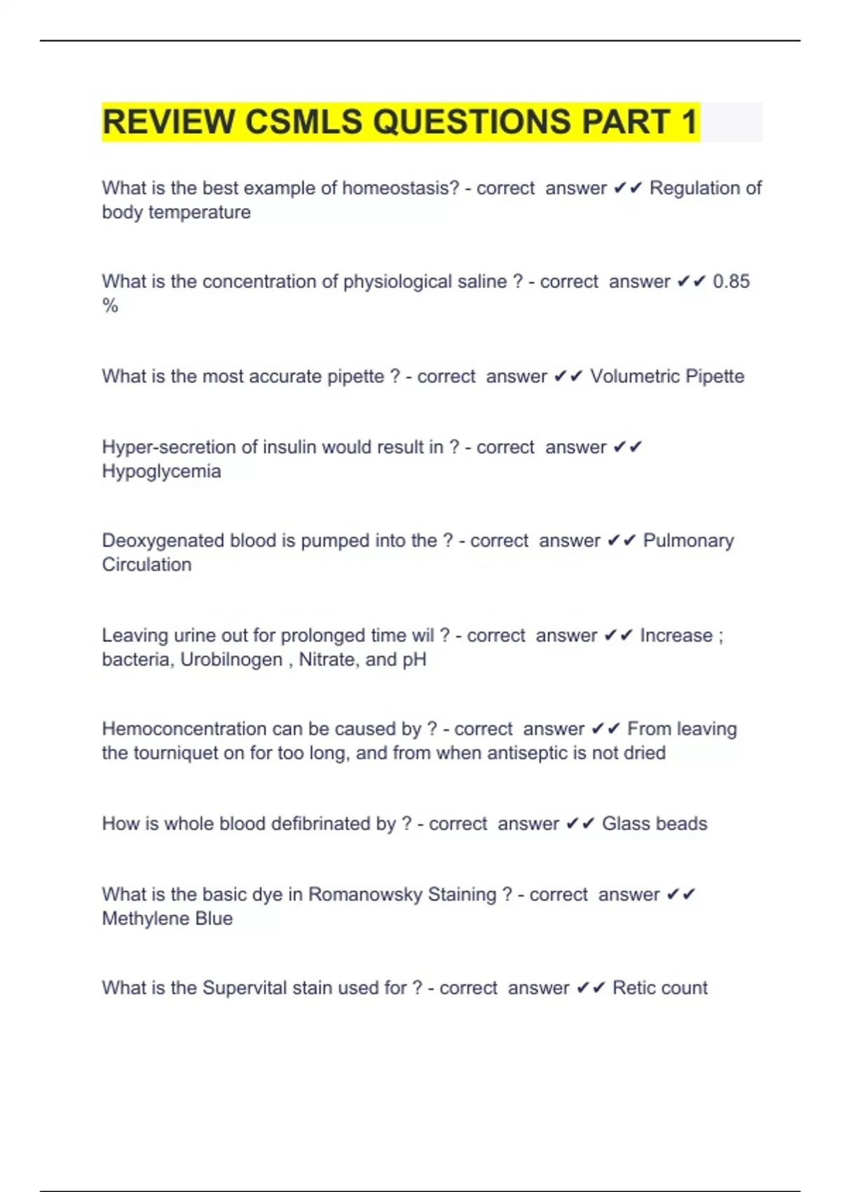 REVIEW CSMLS QUESTIONS PART 1 Question and answers 100% correct - CSMLS ...