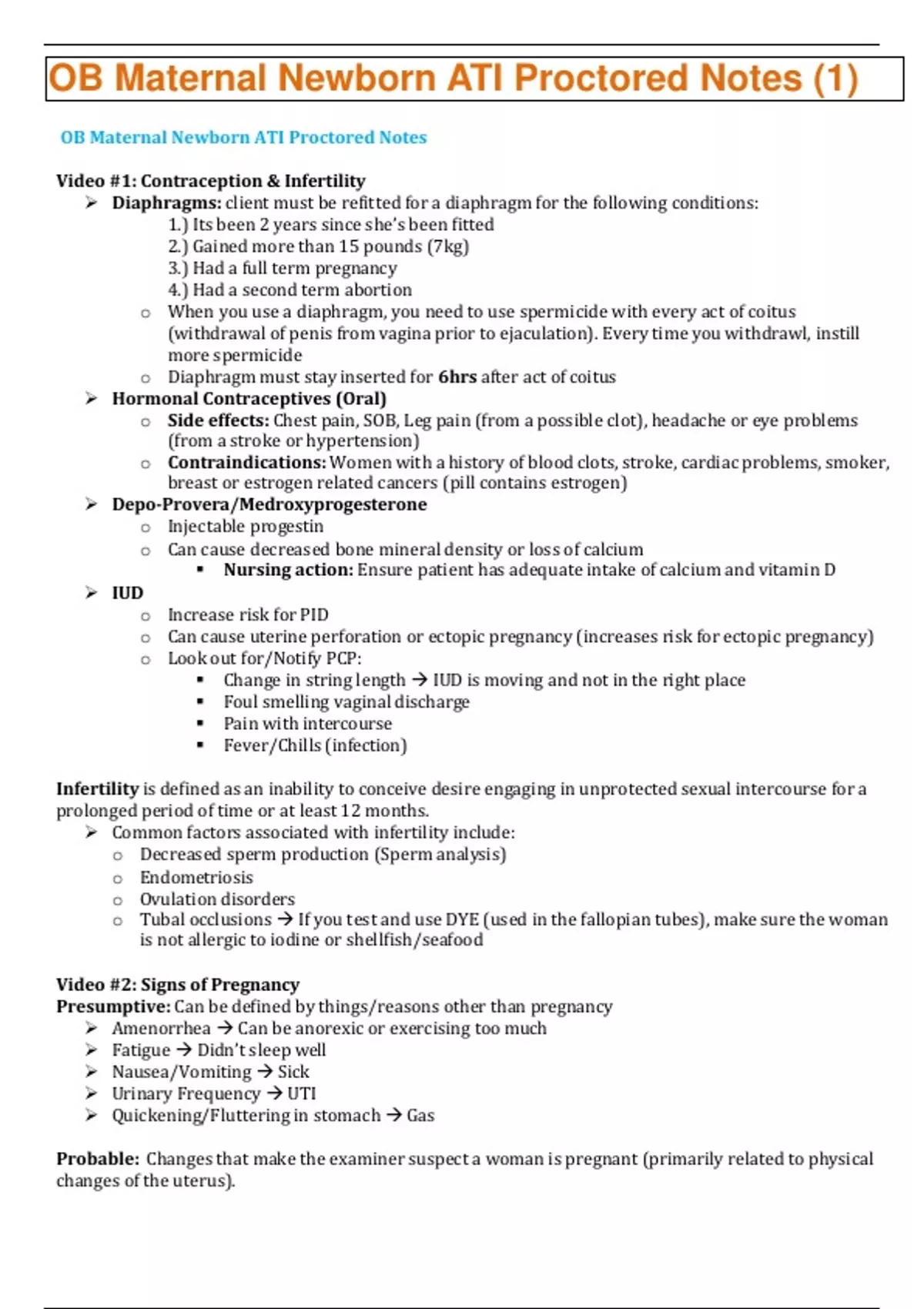 OB Maternal Newborn ATI Proctored Notes (1) study with the best ...
