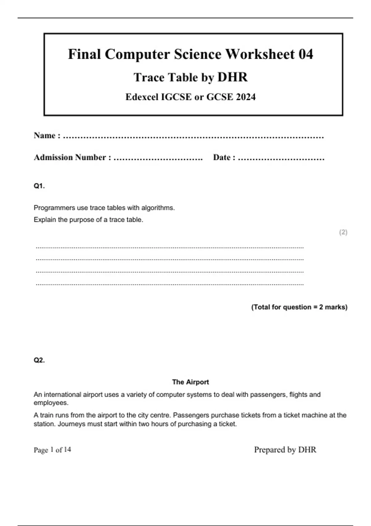 DHRs Final Computer Science Worksheet 04 Trace Table. - Paper 4 ...