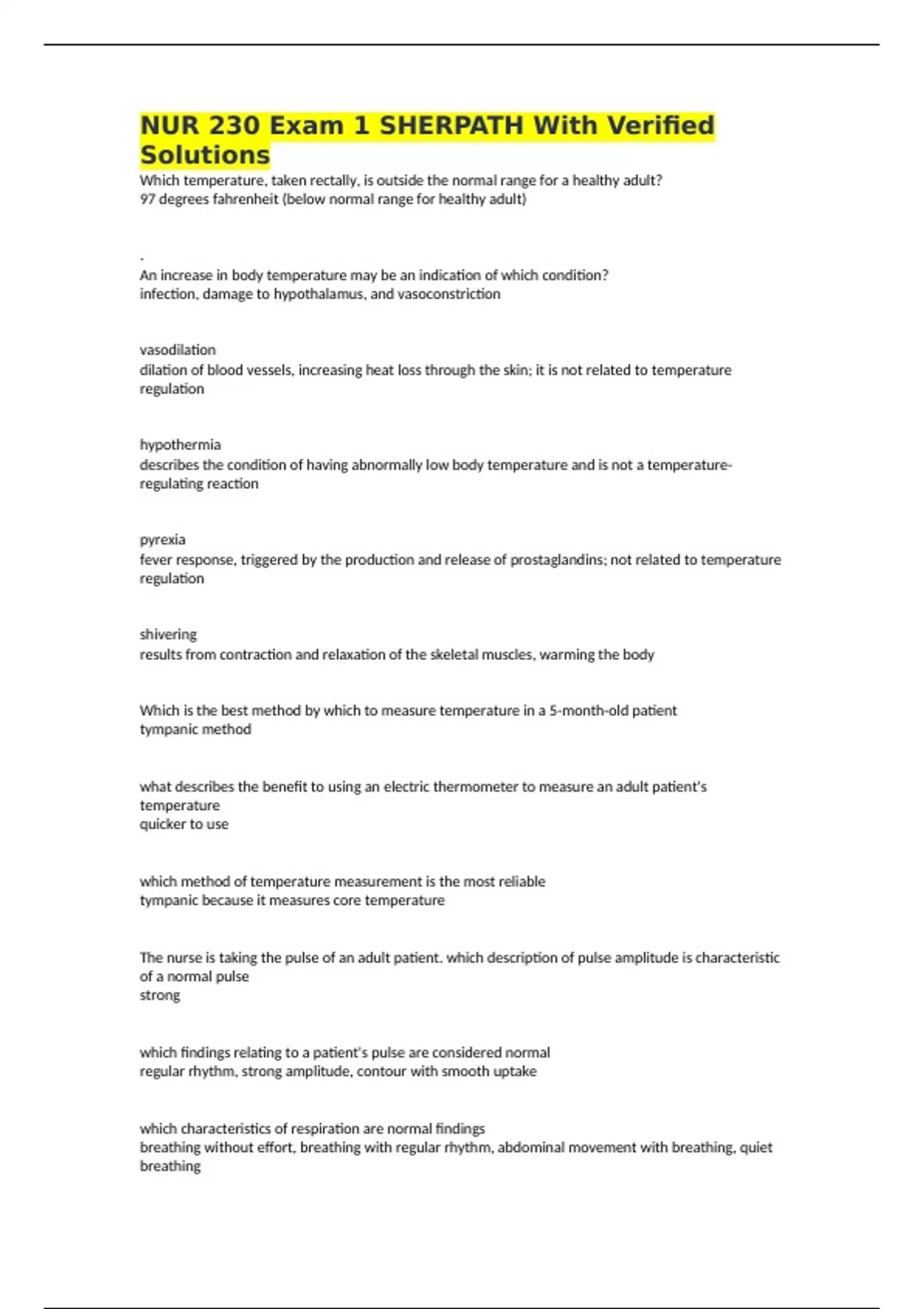 NUR 230 Exam 1 SHERPATH With Verified Solutions - NURS 230 - Stuvia US