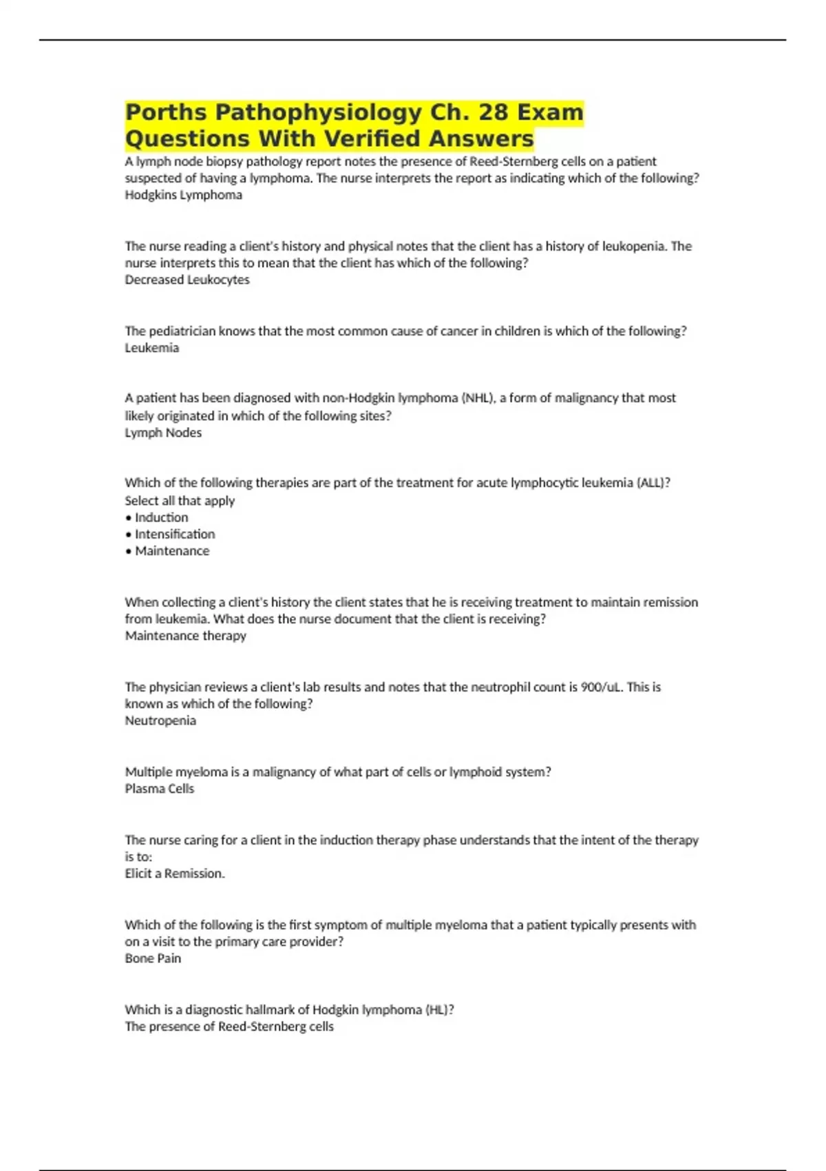 Porths Pathophysiology Ch. 28 Exam Questions With Verified Answers ...