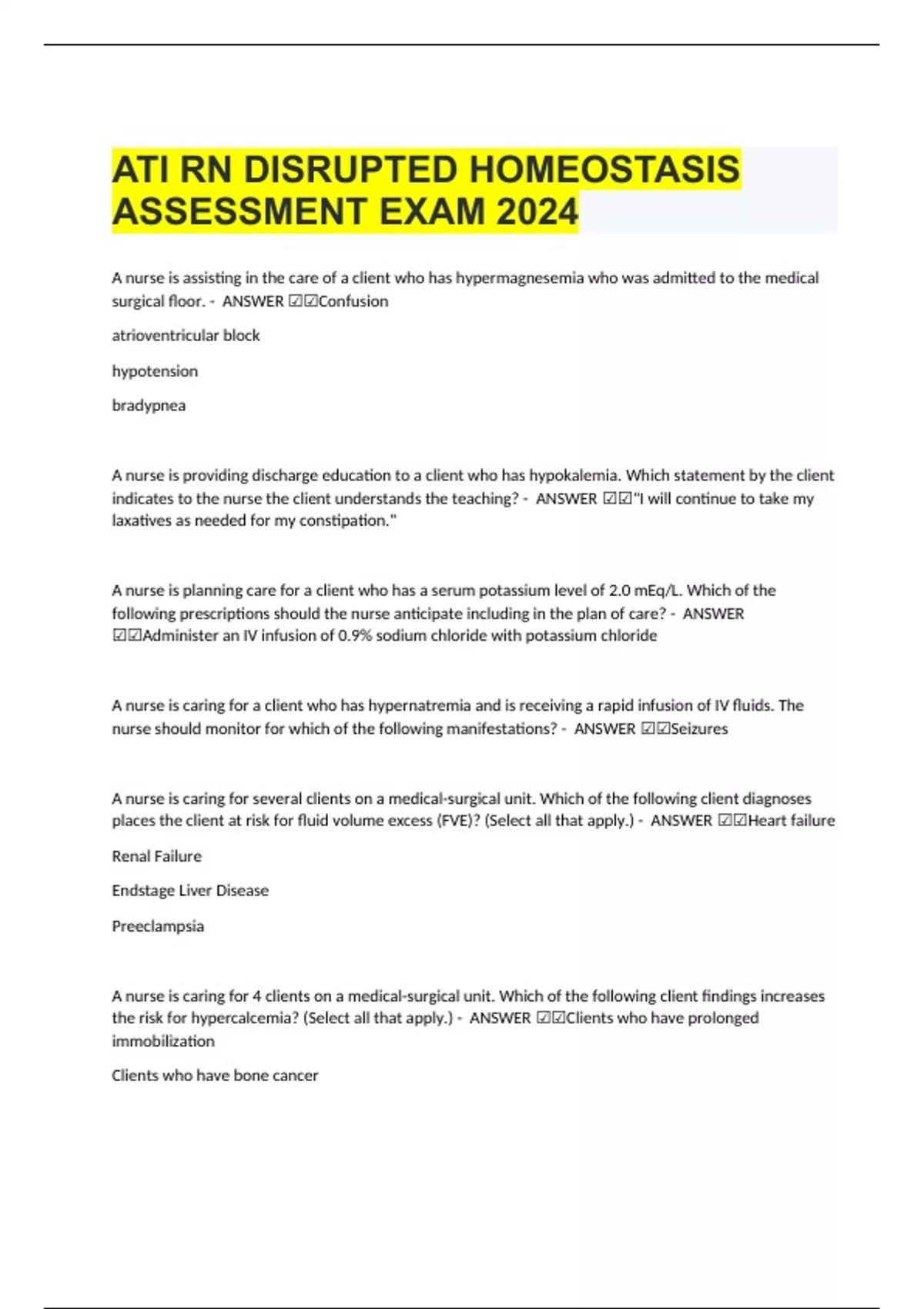 ATI RN DISRUPTED HOMEOSTASIS ASSESSMENT EXAM 2024 - ATI RN DISRUPTED ...