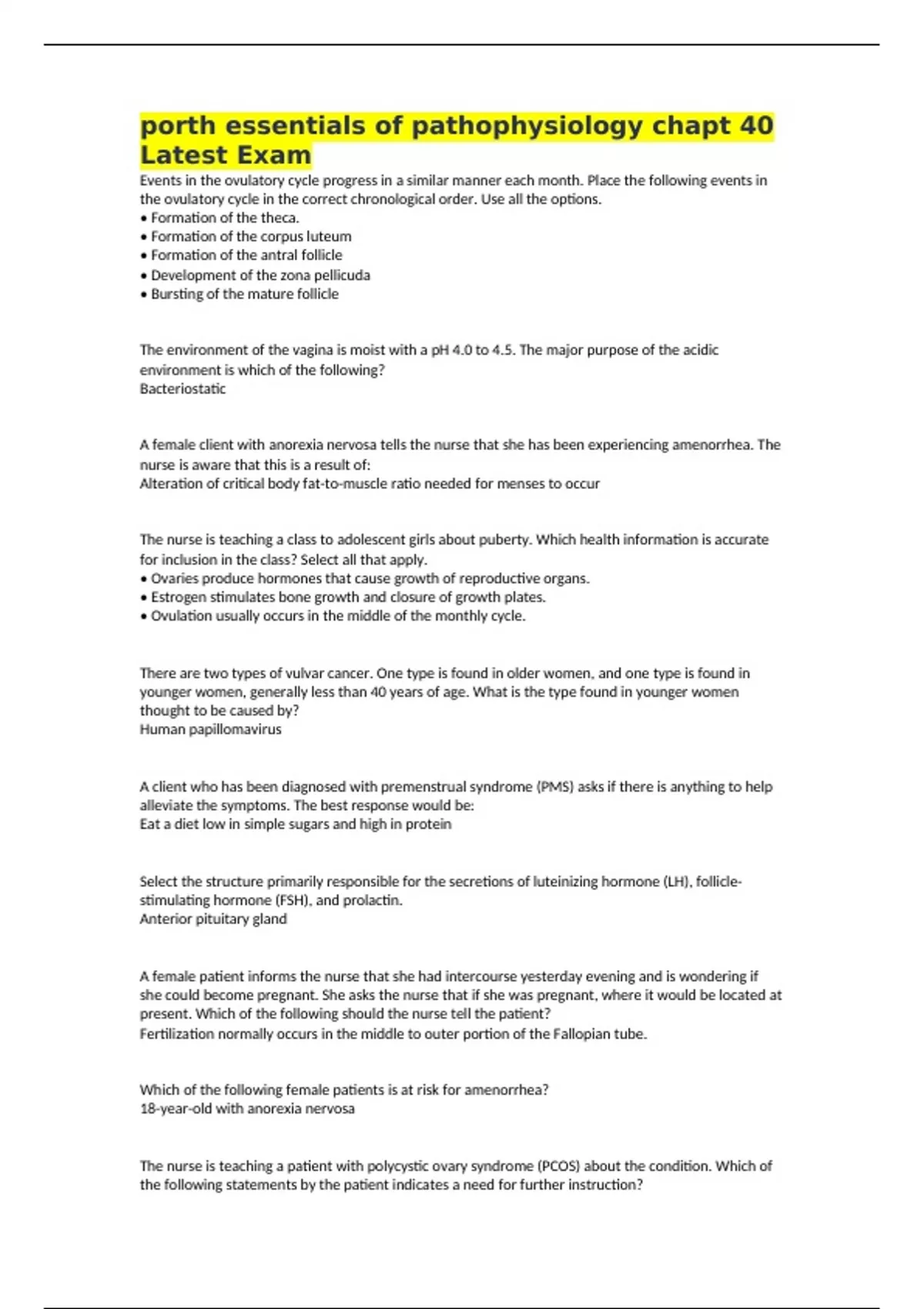 porth essentials of pathophysiology chapt 40 Latest Exam - Porth\'s ...