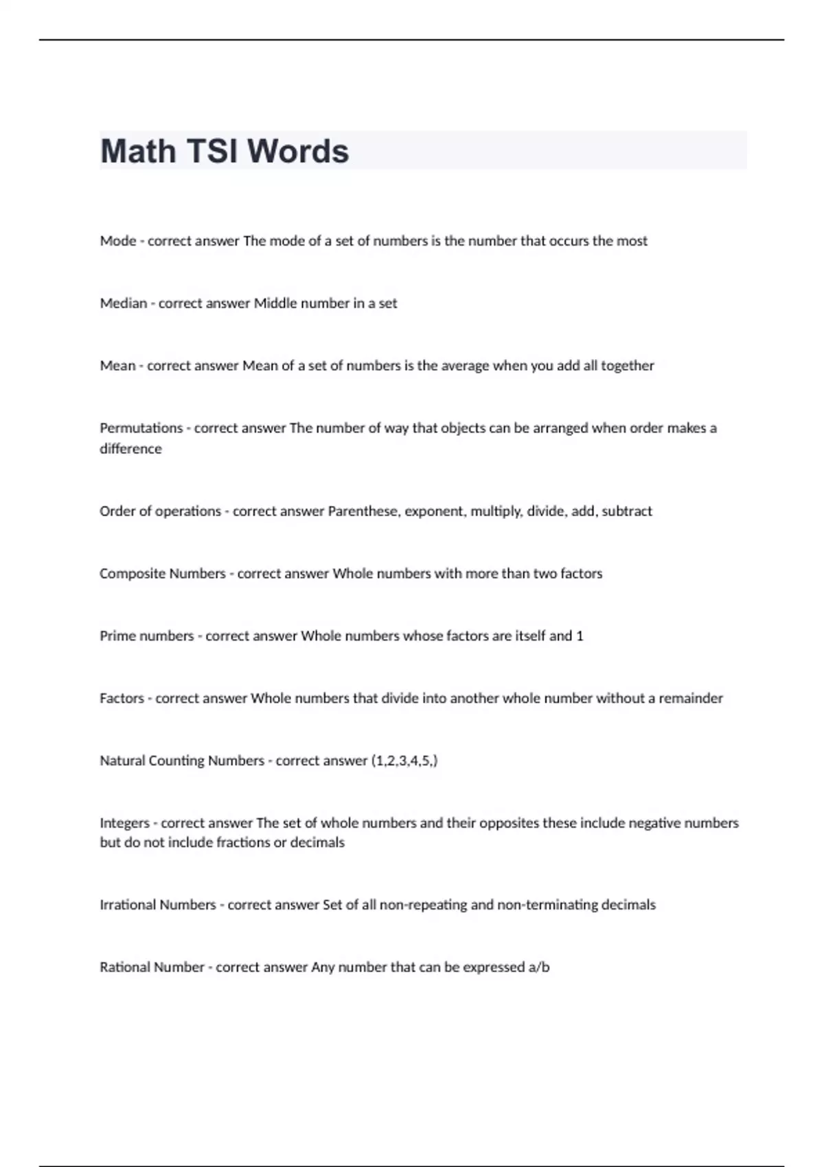 Math TSI Words exam questions and verified correct answers 2024 - Math ...