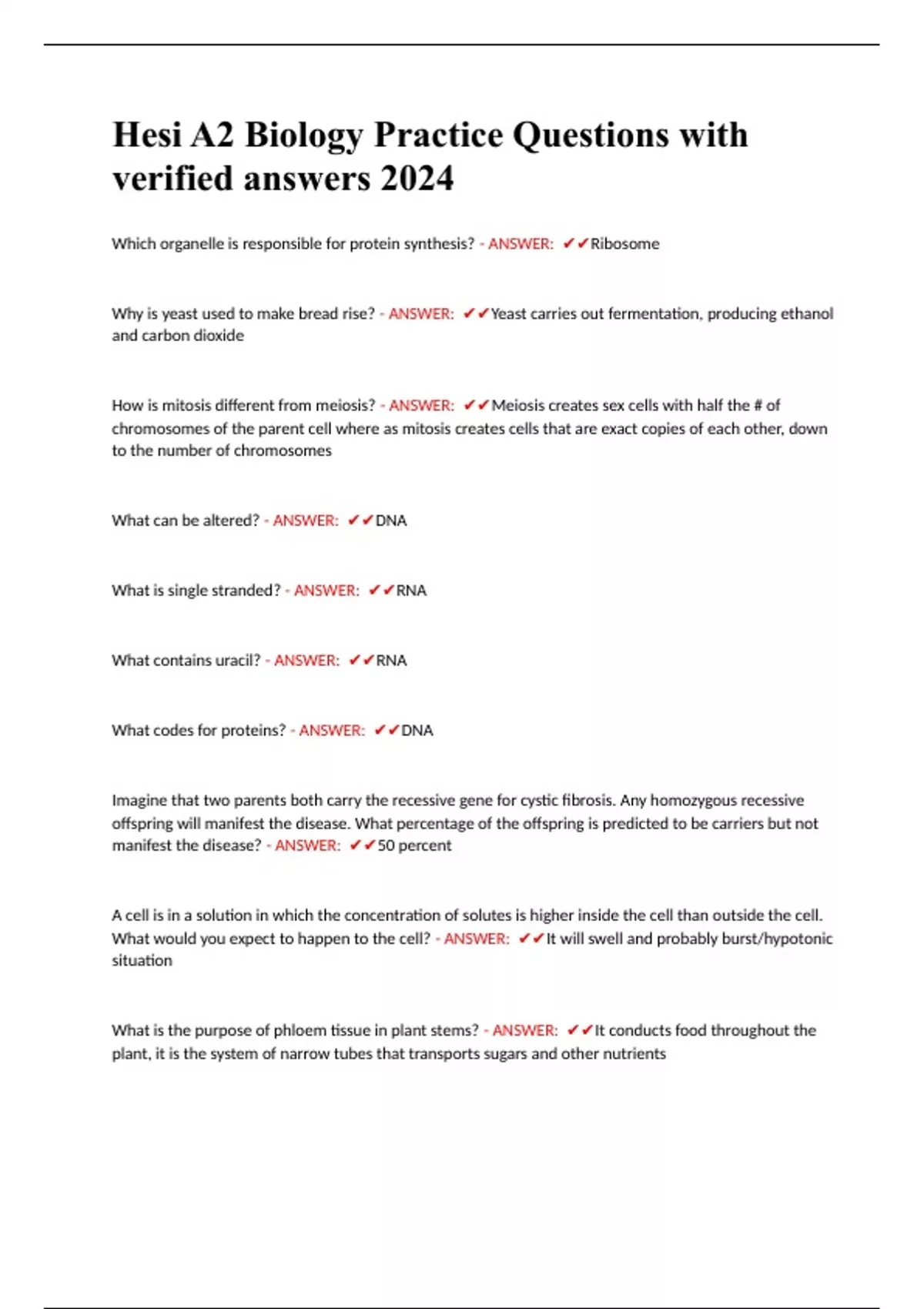Hesi A2 Biology Practice Questions with verified answers 2024 - Hesi A2 ...