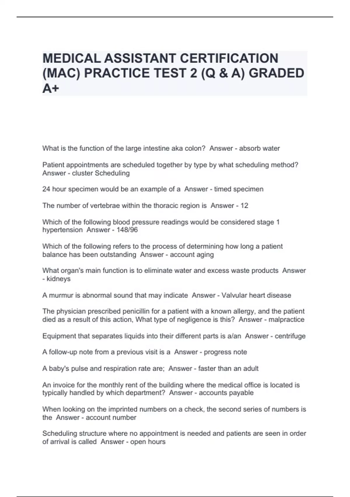 MEDICAL ASSISTANT CERTIFICATION (MAC) PRACTICE TEST 2 (Q & A) GRADED A+ ...