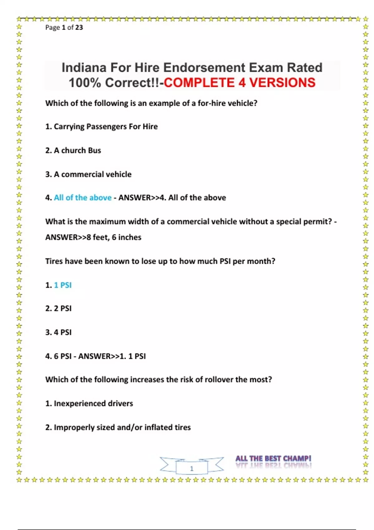 Indiana For Hire Endorsement Exam Rated 100% Correct!!-COMPLETE 4 ...