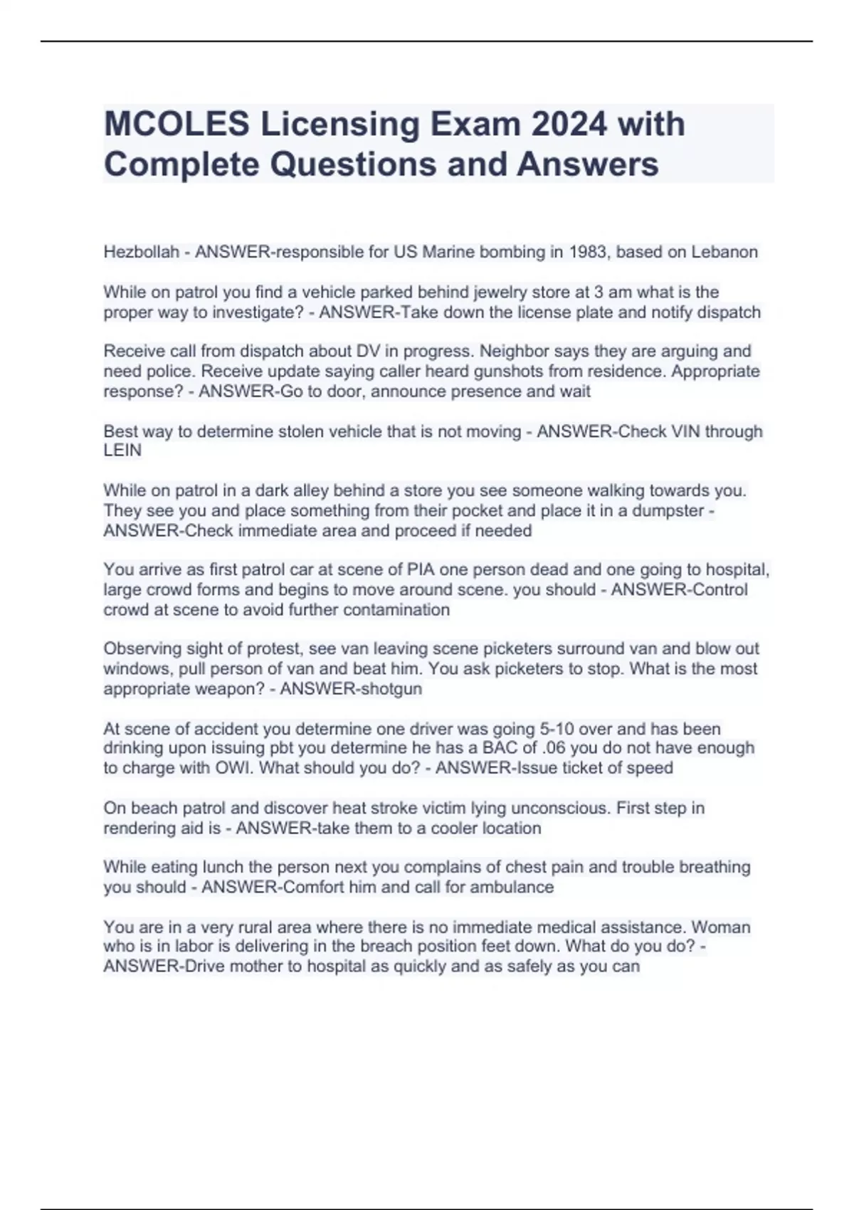 MCOLES Licensing Exam 2024 with Complete Questions and Answers - MCOLES ...