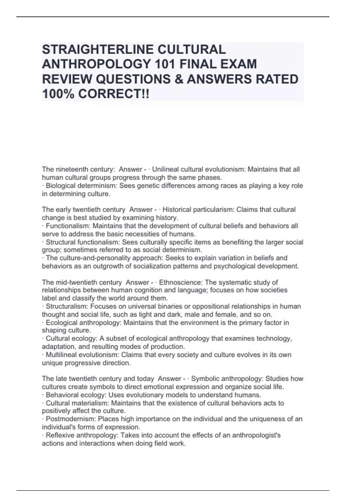 STRAIGHTERLINE CULTURAL ANTHROPOLOGY 101 FINAL EXAM REVIEW QUESTIONS ...