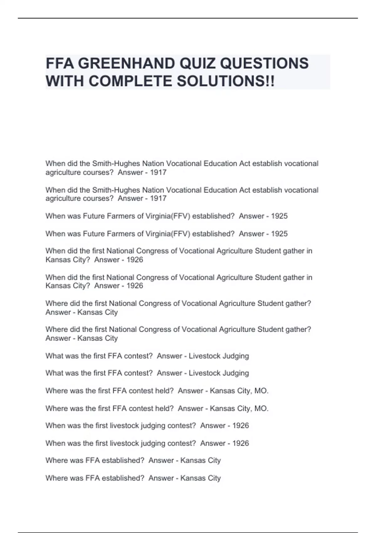 FFA GREENHAND QUIZ QUESTIONS WITH COMPLETE SOLUTIONS!! - FFA GREENHAND - Stuvia US