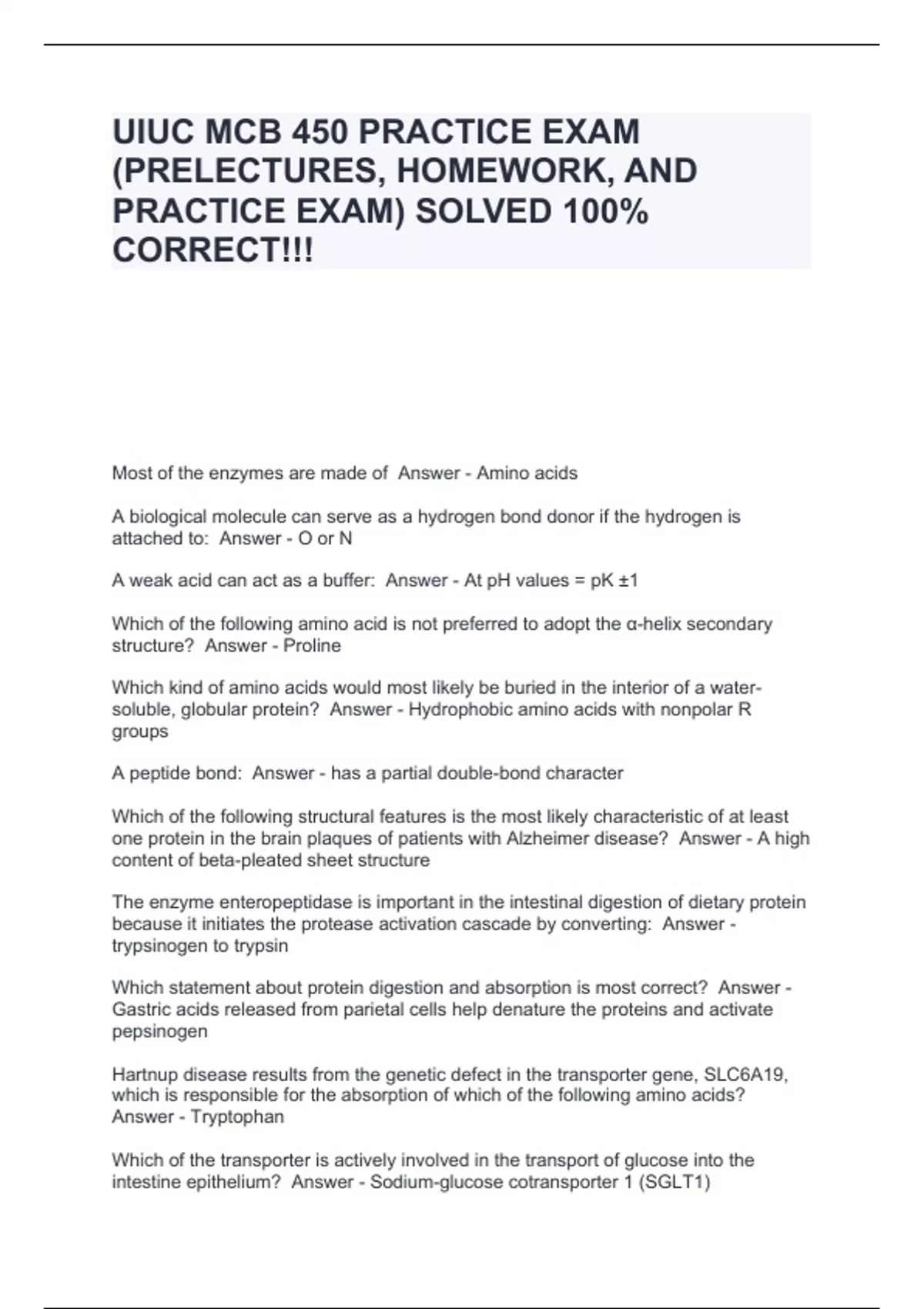 UIUC MCB 450 PRACTICE EXAM (PRELECTURES, HOMEWORK, AND PRACTICE EXAM ...