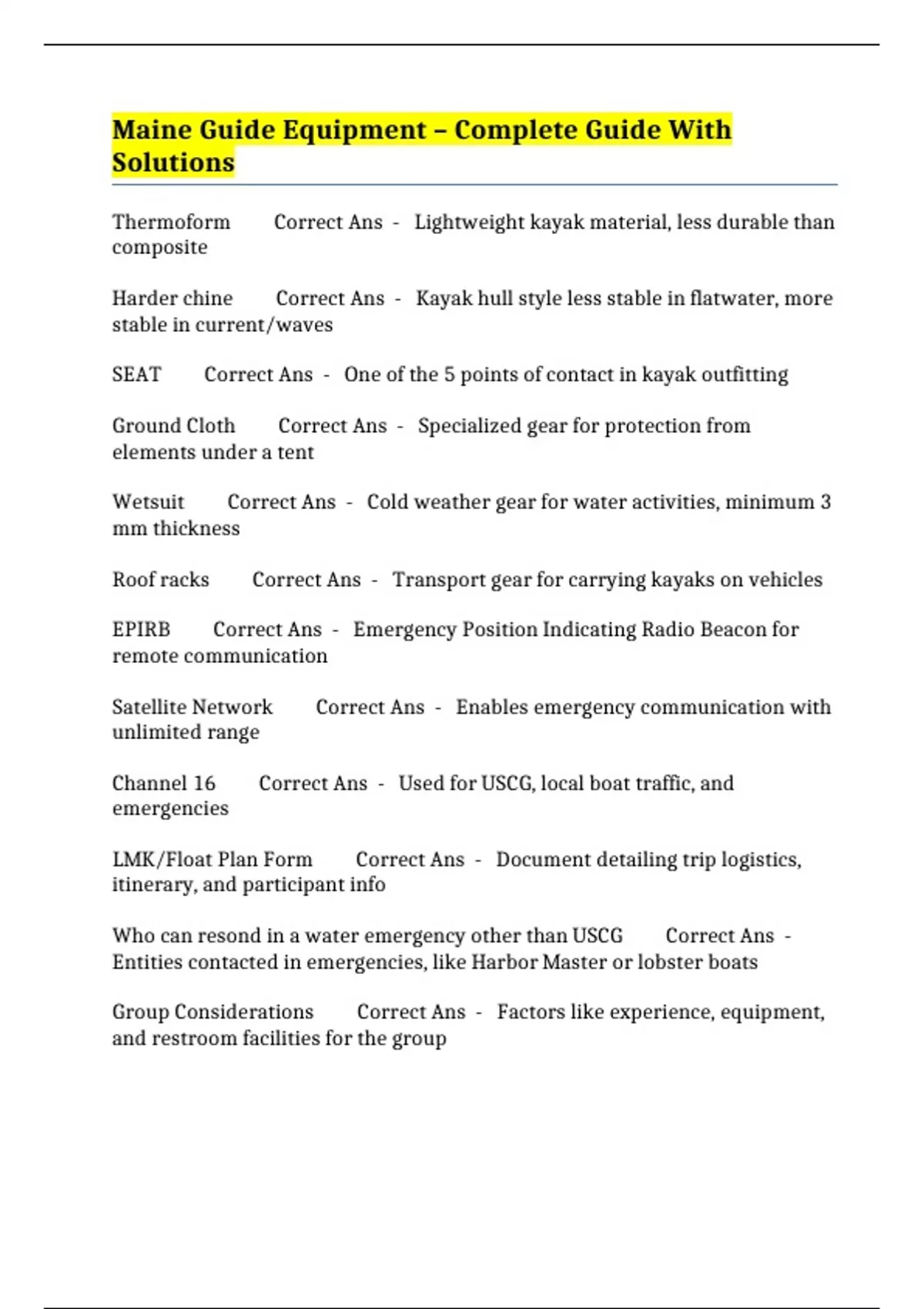 Maine Guide Equipment – Complete Guide With Solutions - MAINE G - Stuvia US