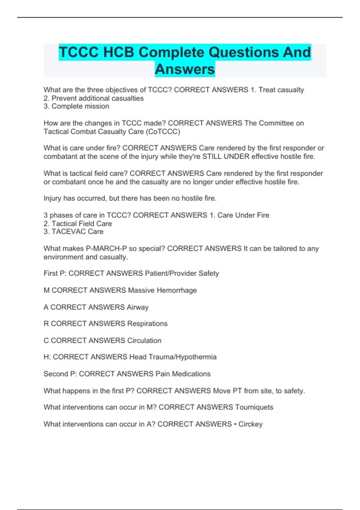 TCCC HCB Complete Questions And Answers - Hcb - Stuvia US