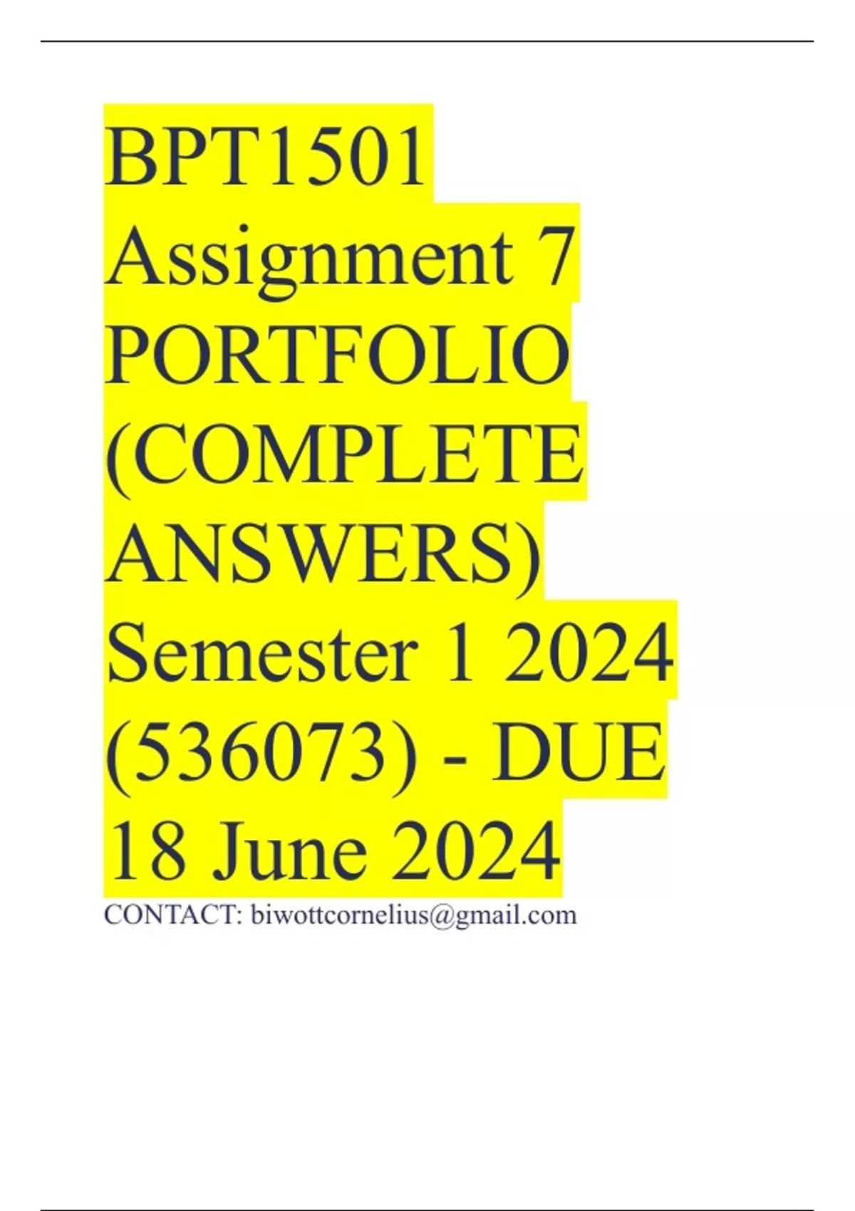 BPT1501 Assignment 7 (COMPLETE ANSWERS) Semester 2024 (536073) - DUE 18 ...