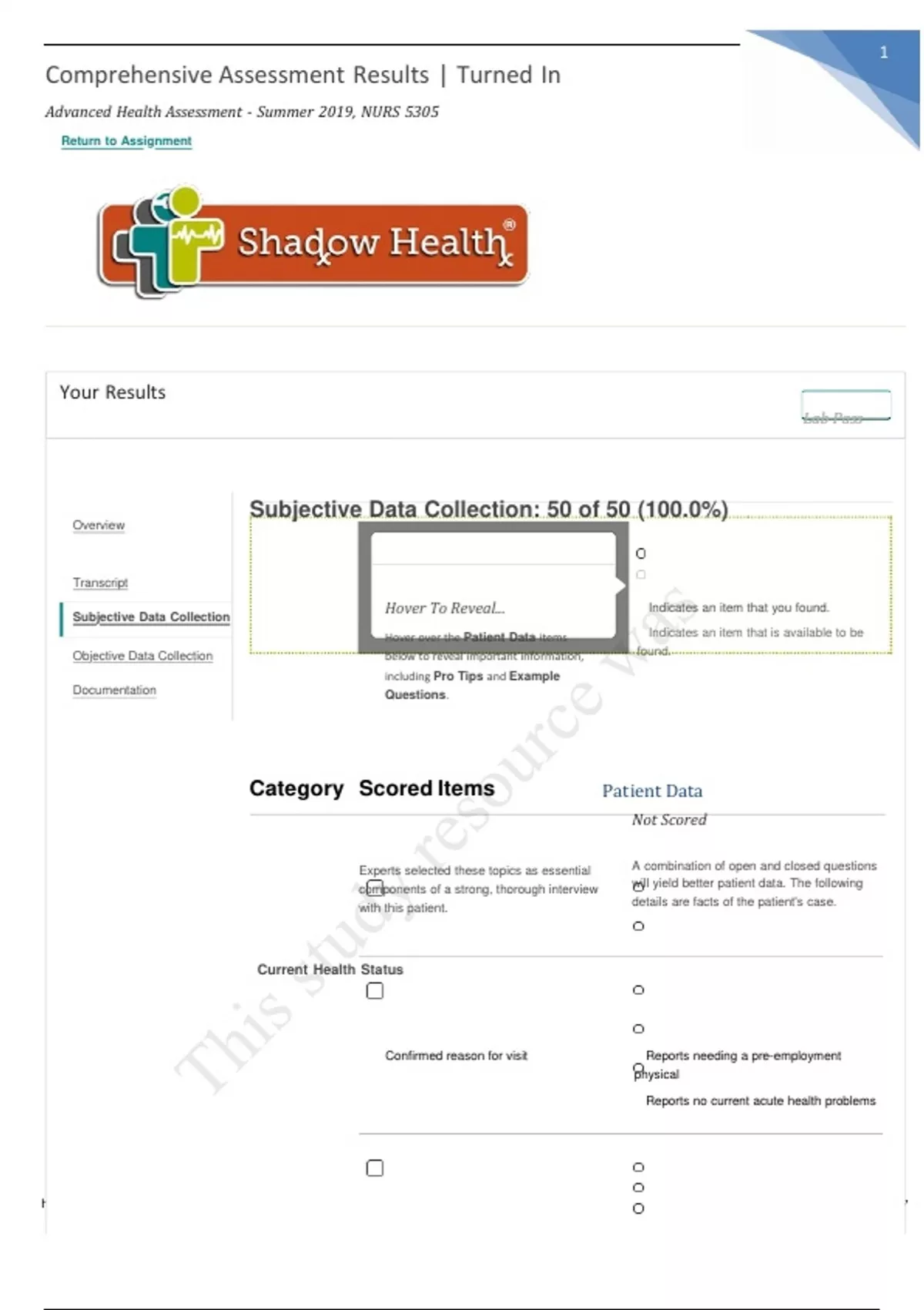 NUR5305 Subjective Data Comprehensive Assessment Shadow Health - NR511 ...