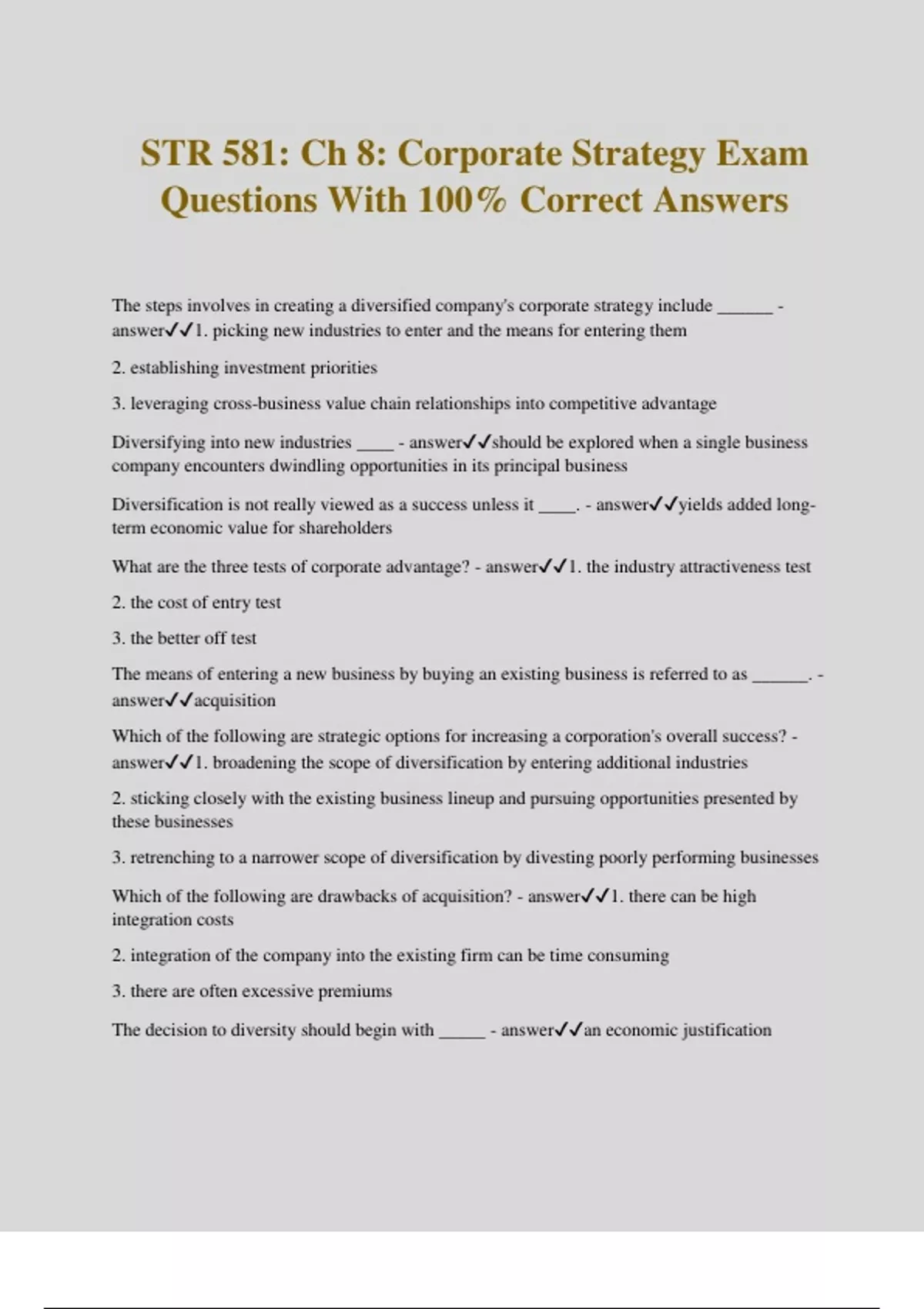 STR 581: Ch 8: Corporate Strategy Exam Questions With 100% Correct ...